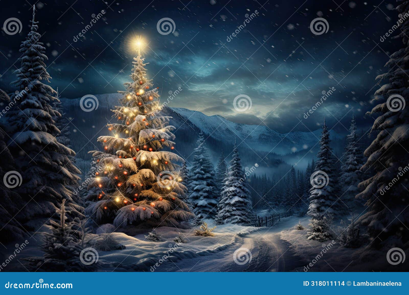 Christmas Tree in Forest. Beautiful Night Stock Illustration ...