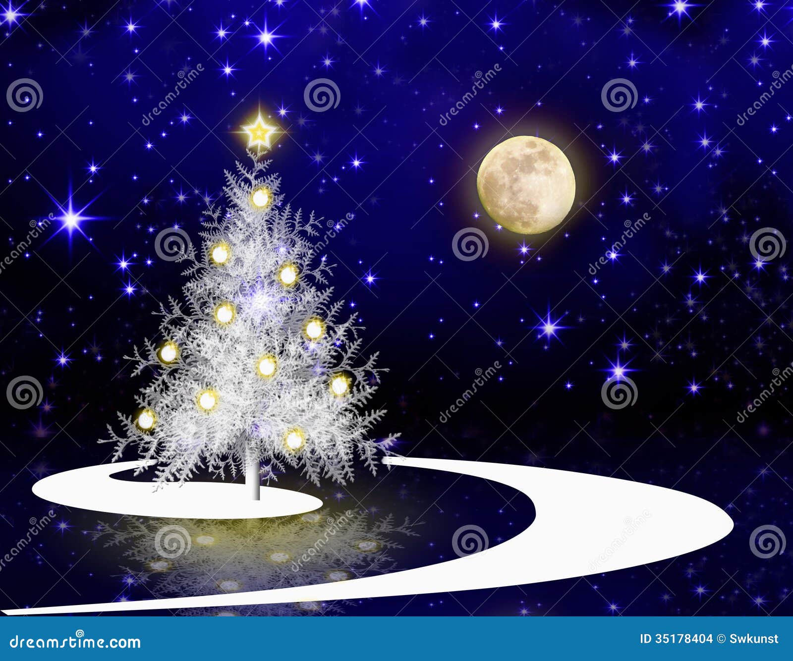 Christmas Tree and Full Moon. Stock Illustration - Illustration of blue ...