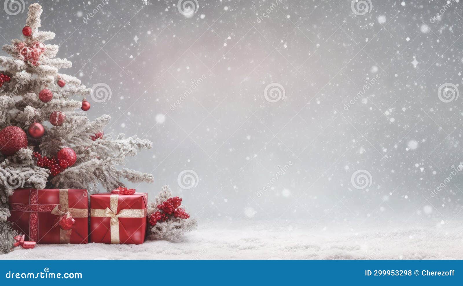 Christmas Tree and Gift Boxes on the Background of Snow. Empty Space ...