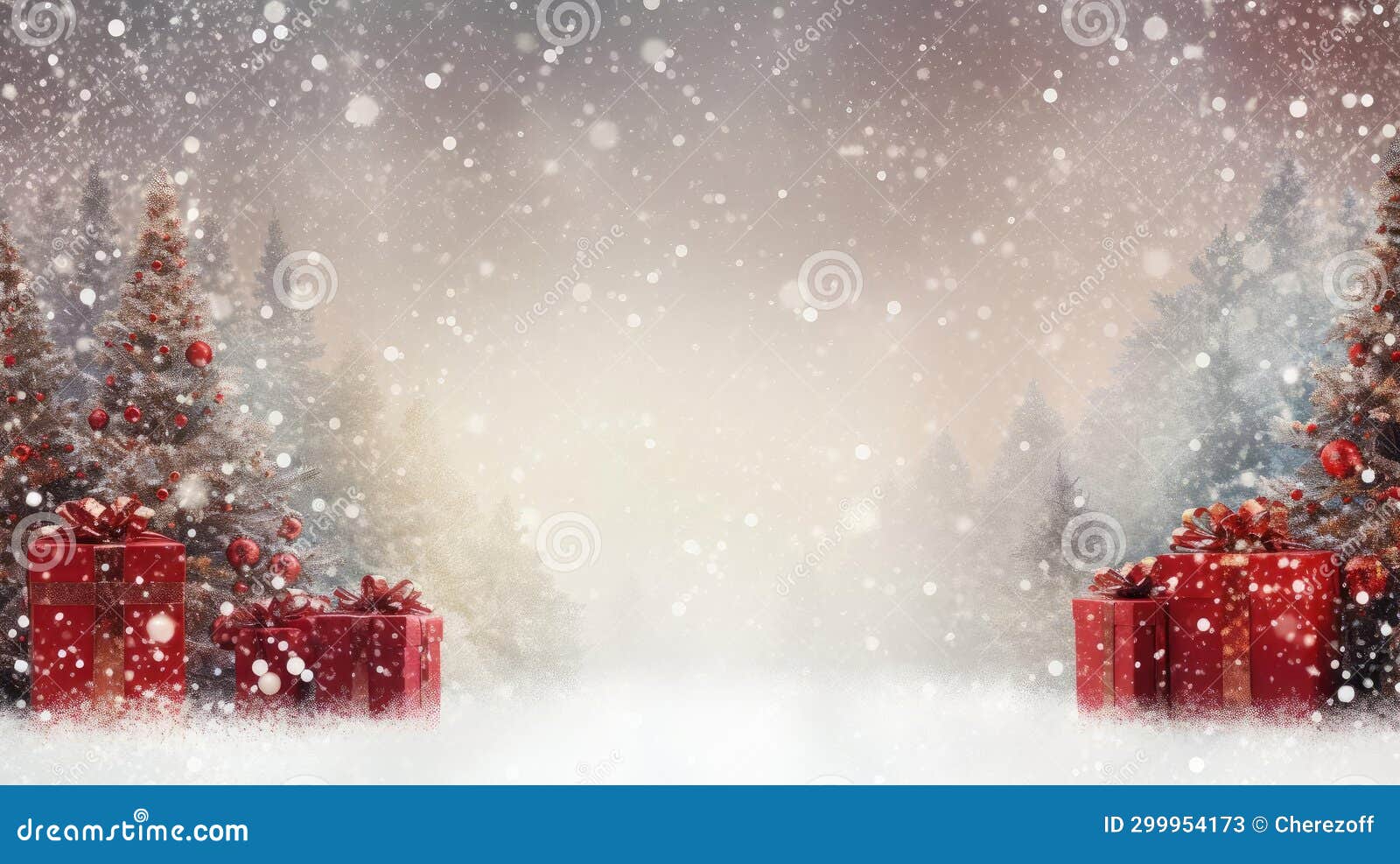 Christmas Tree and Gift Boxes on the Background of Snow. Empty Space ...