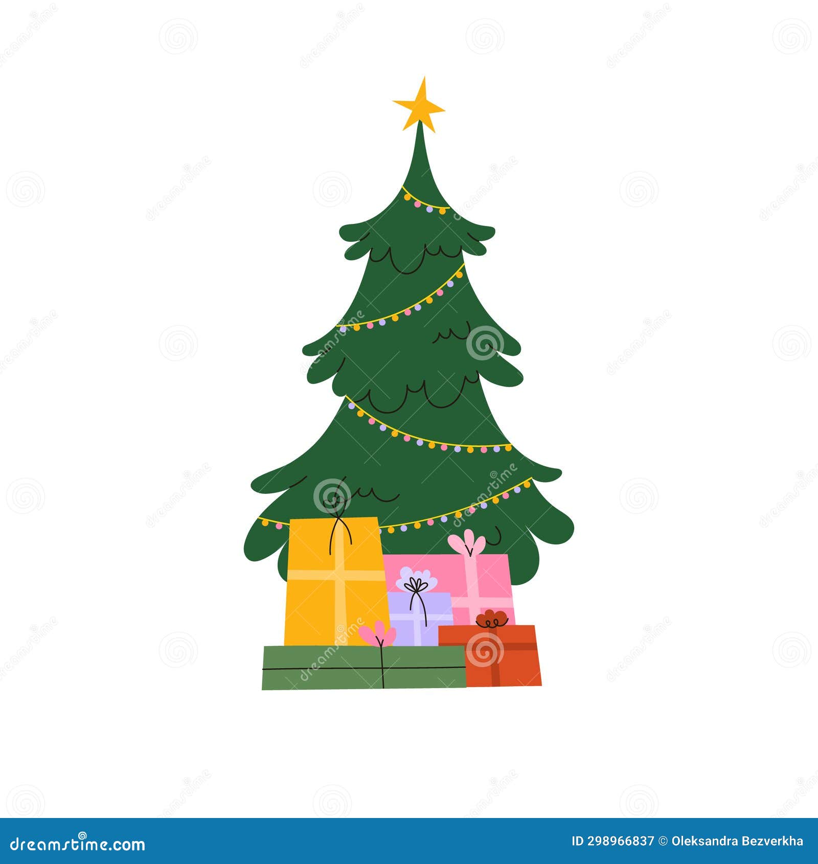 Christmas Tree with Gift Boxes. Vector Flat Cartoon Illustration. Stock ...