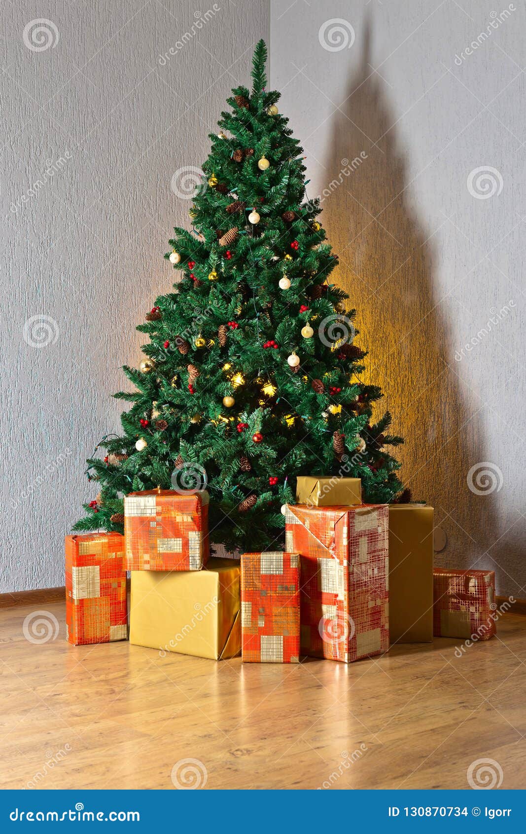 Christmas Tree with Gifts in Colourful Boxes Stock Photo - Image of ...