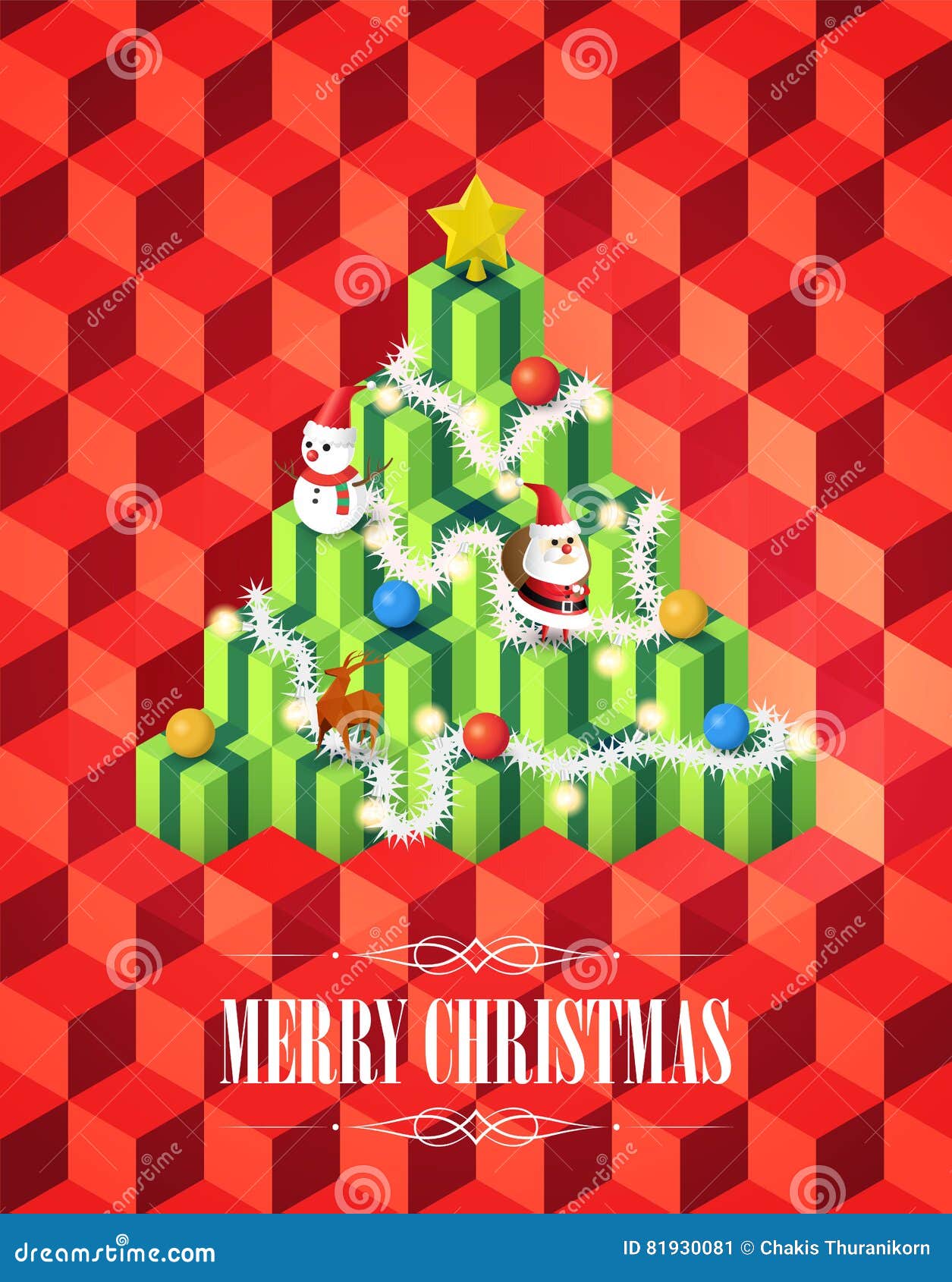 Christmas Tree with Gifts Concept, Isometric Cubes Style on Red ...