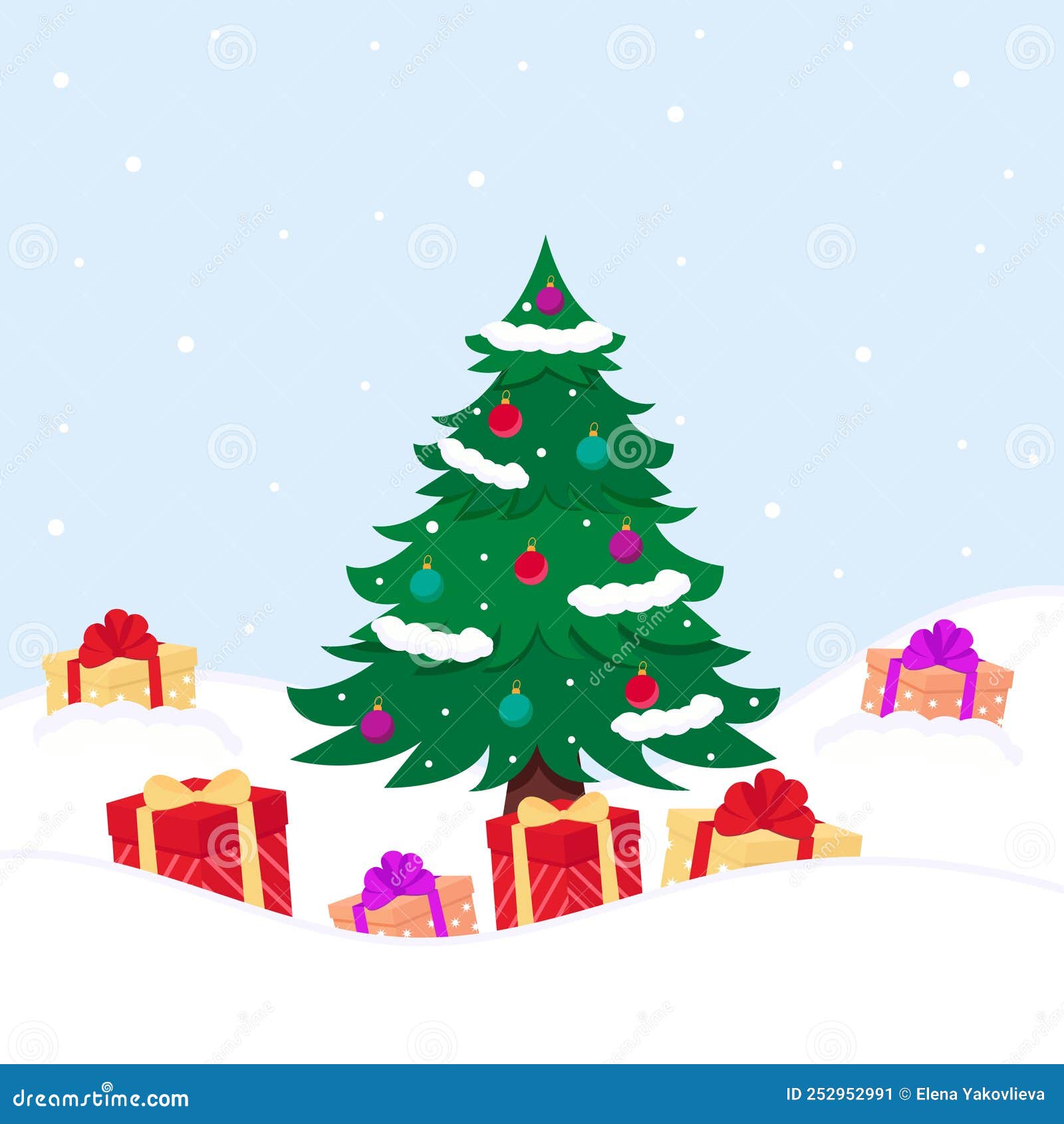 Christmas Tree with Gifts in the Snow. Vector Illustration Stock Vector ...