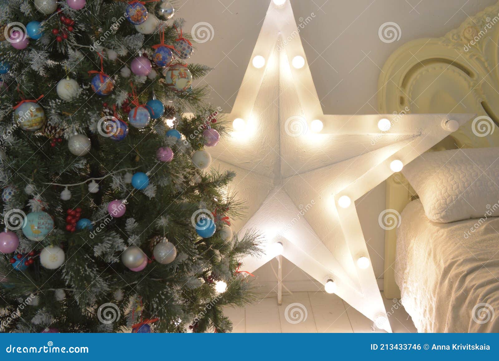 Christmas Tree with a Glowing Star in Background Stock Photo - Image of ...