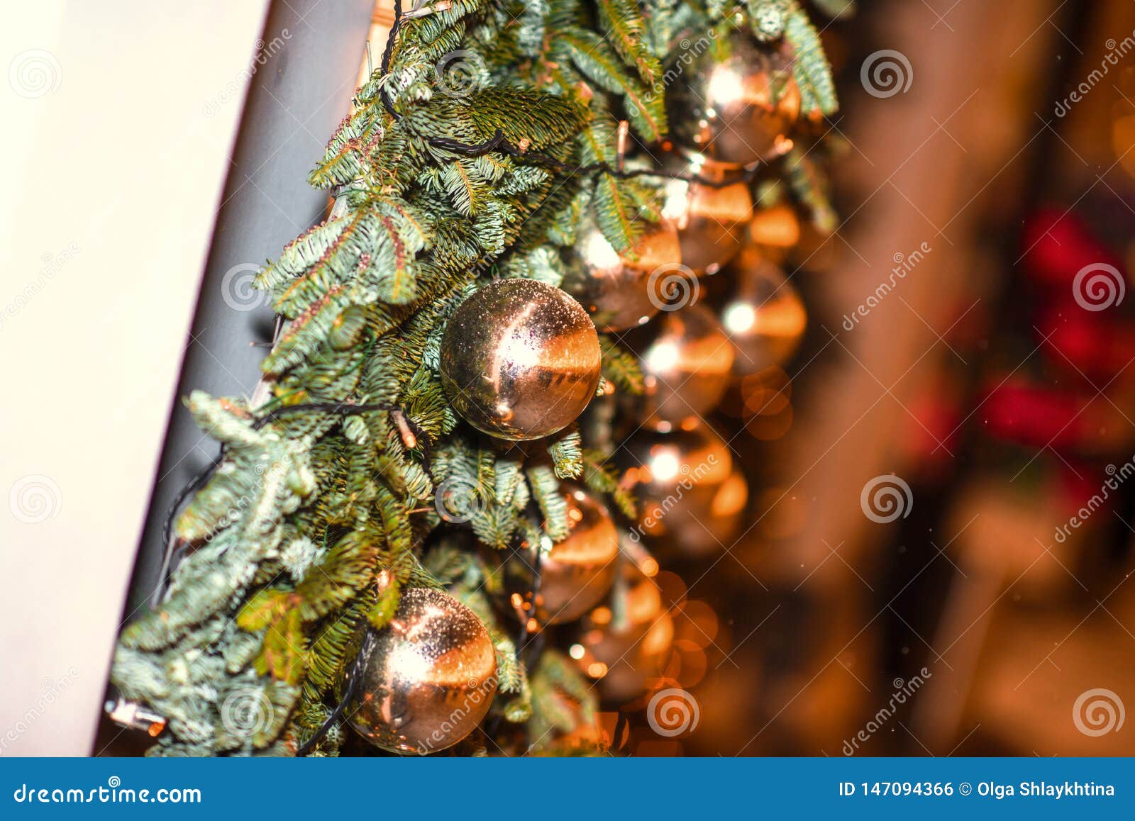 Christmas Tree Gold Decorations and Garland Stock Photo - Image of ...