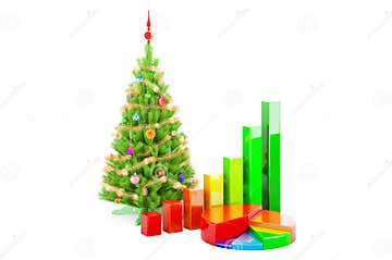 Christmas Tree with Growth Bar Graph and Pie Chart, 3D Rendering Stock ...