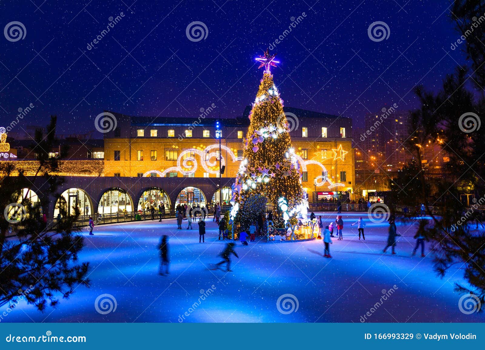 Christmas tree ice rink editorial stock image. Image of people - 166993329