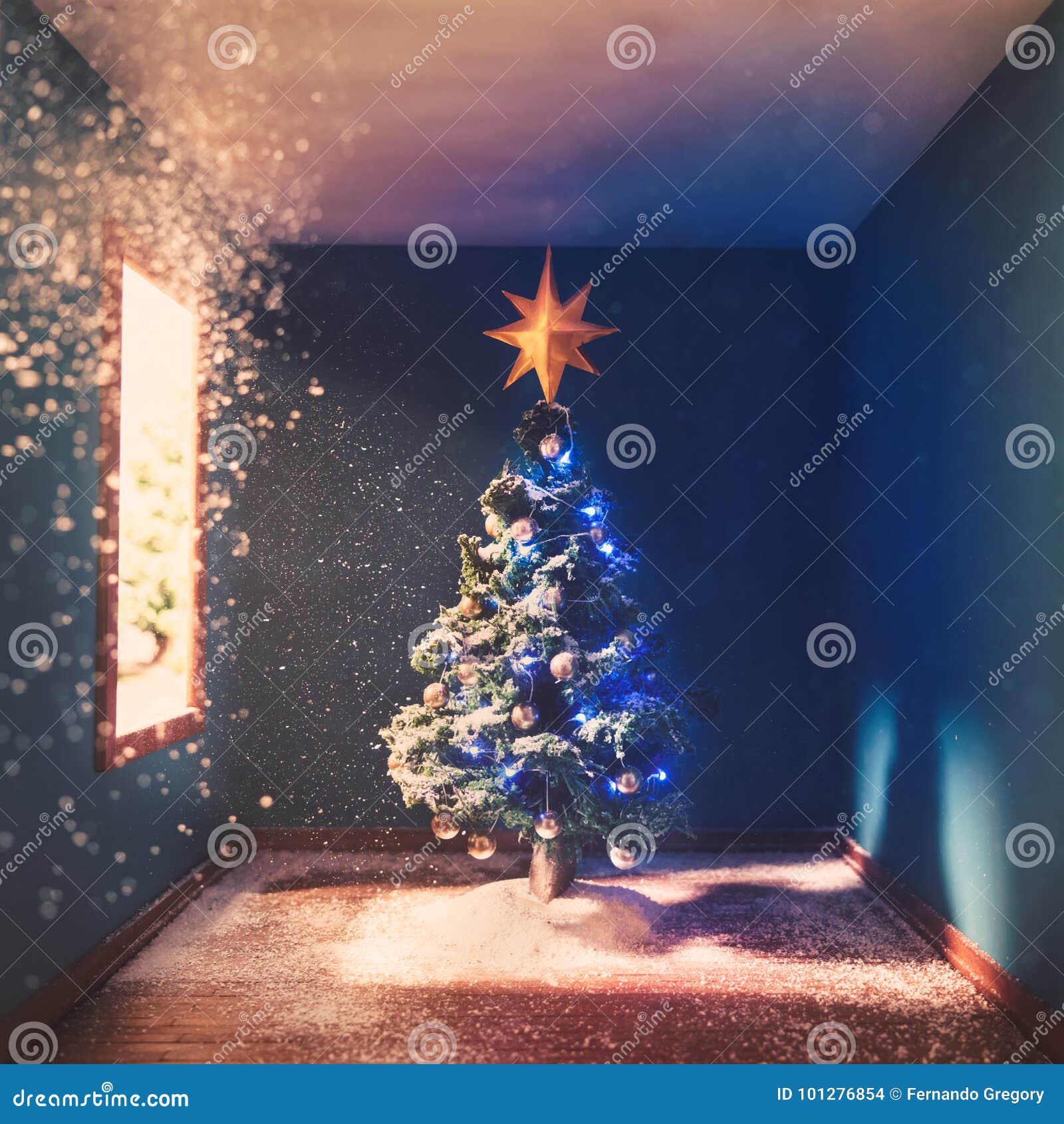 Christmas Tree Inside of a Room Full of Snow Stock Photo - Image of ...