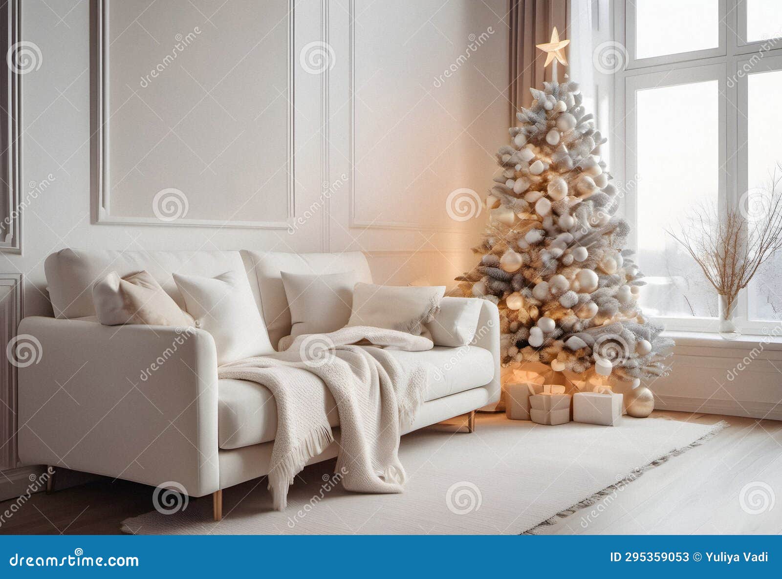 Christmas Tree in the Interior of the Living Room with a White Sofa ...