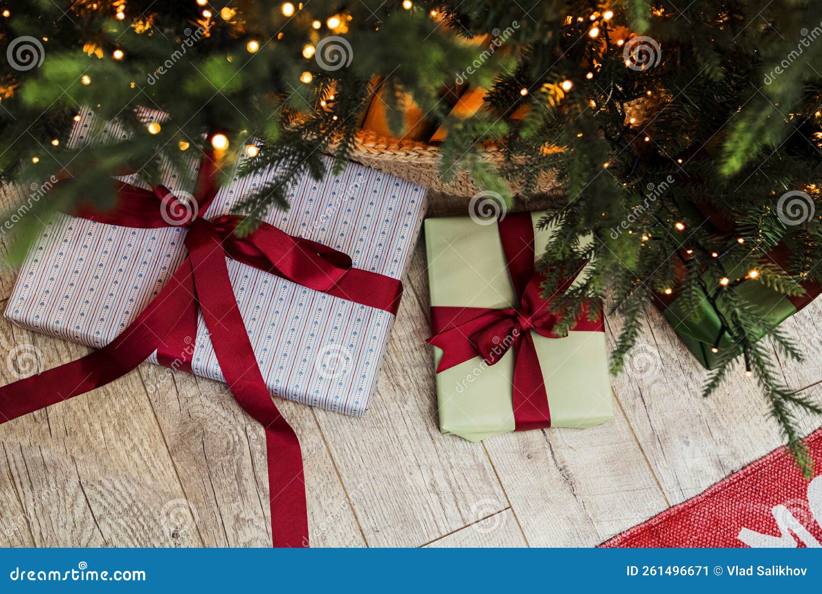 Christmas Tree with Lights Full of Gift Boxes, View from Above. Stock ...