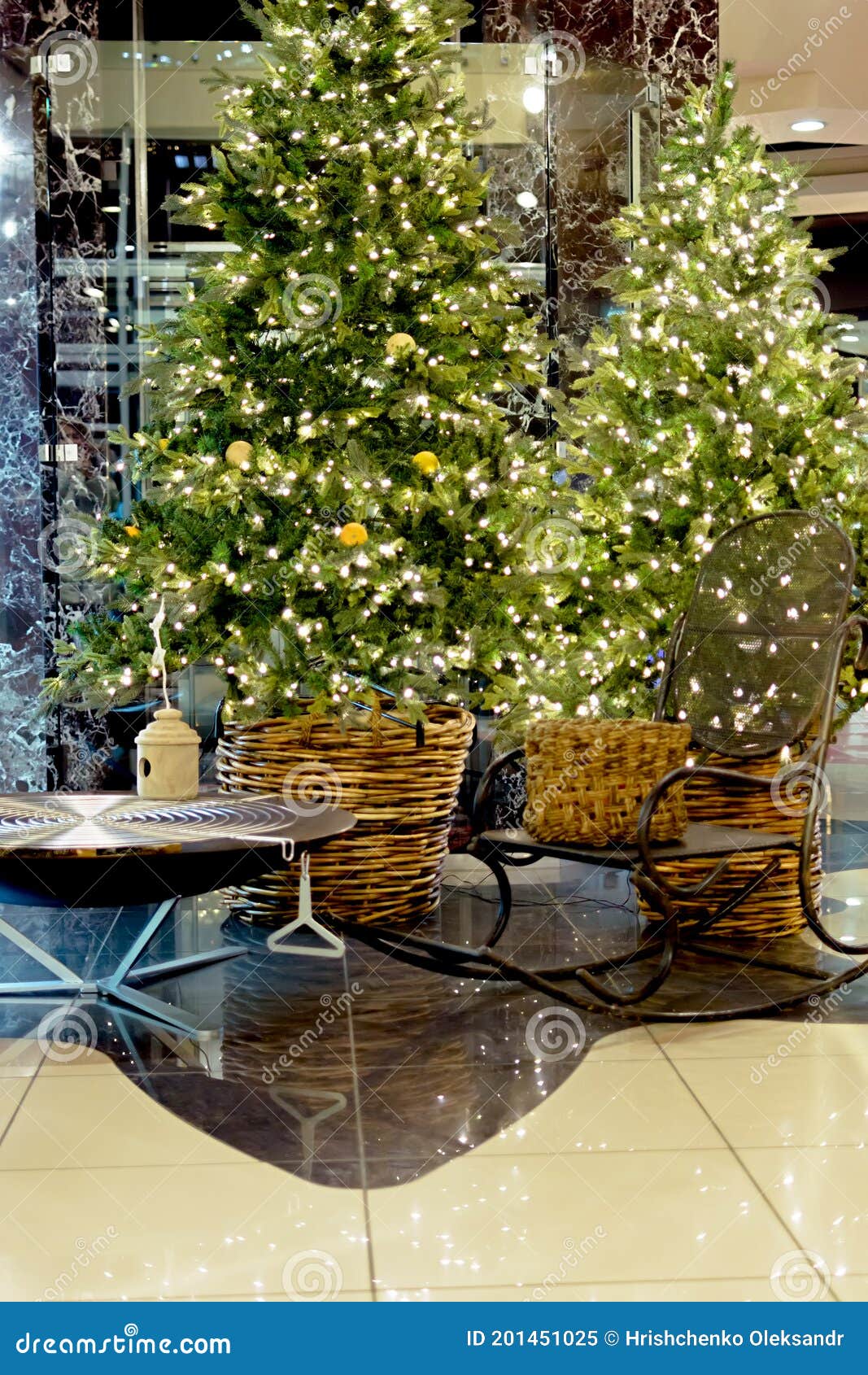 Christmas Tree with Lights and a Rocking Chair Stock Image - Image of ...