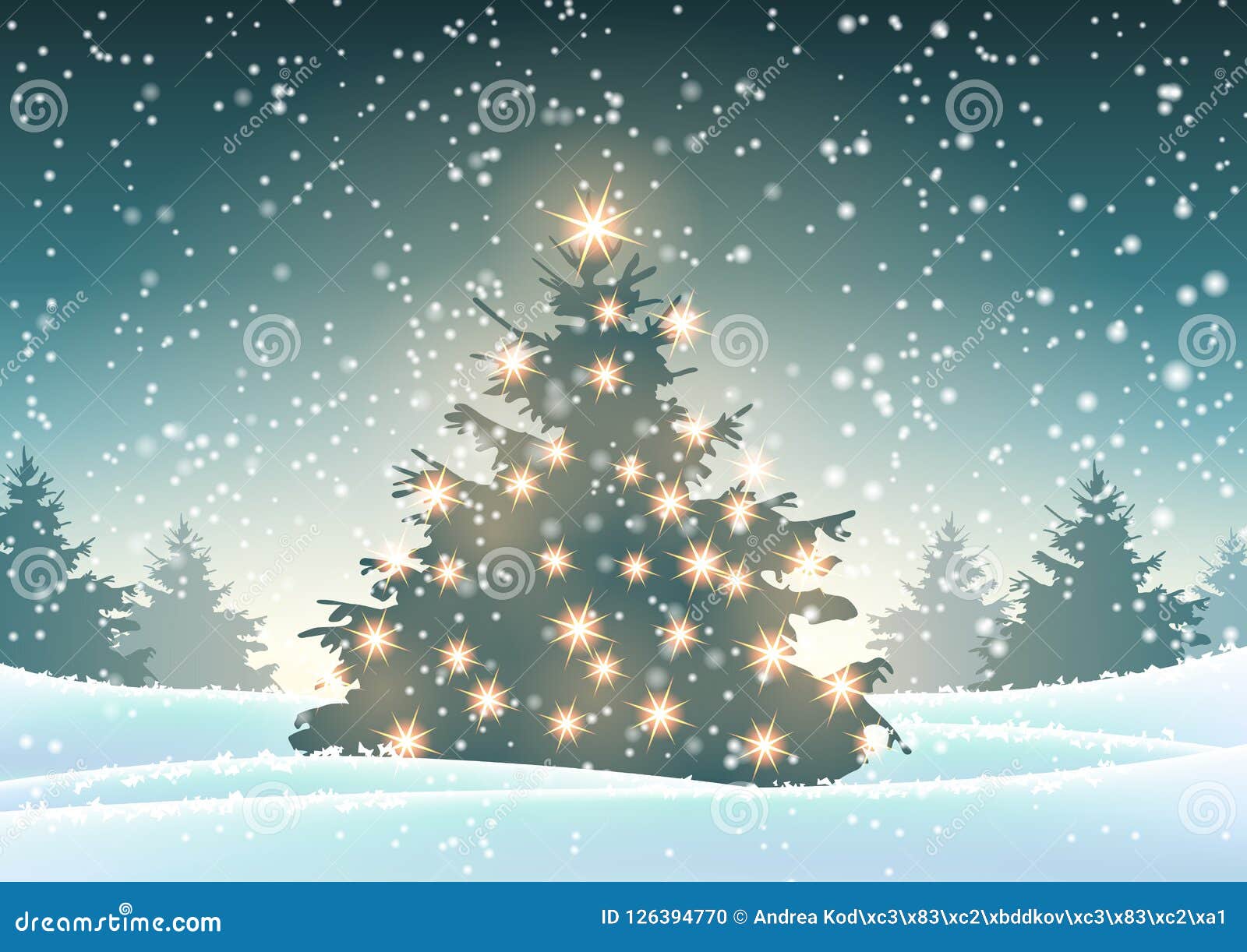 Christmas Tree with Lights in Snowy Forrest Stock Vector - Illustration ...