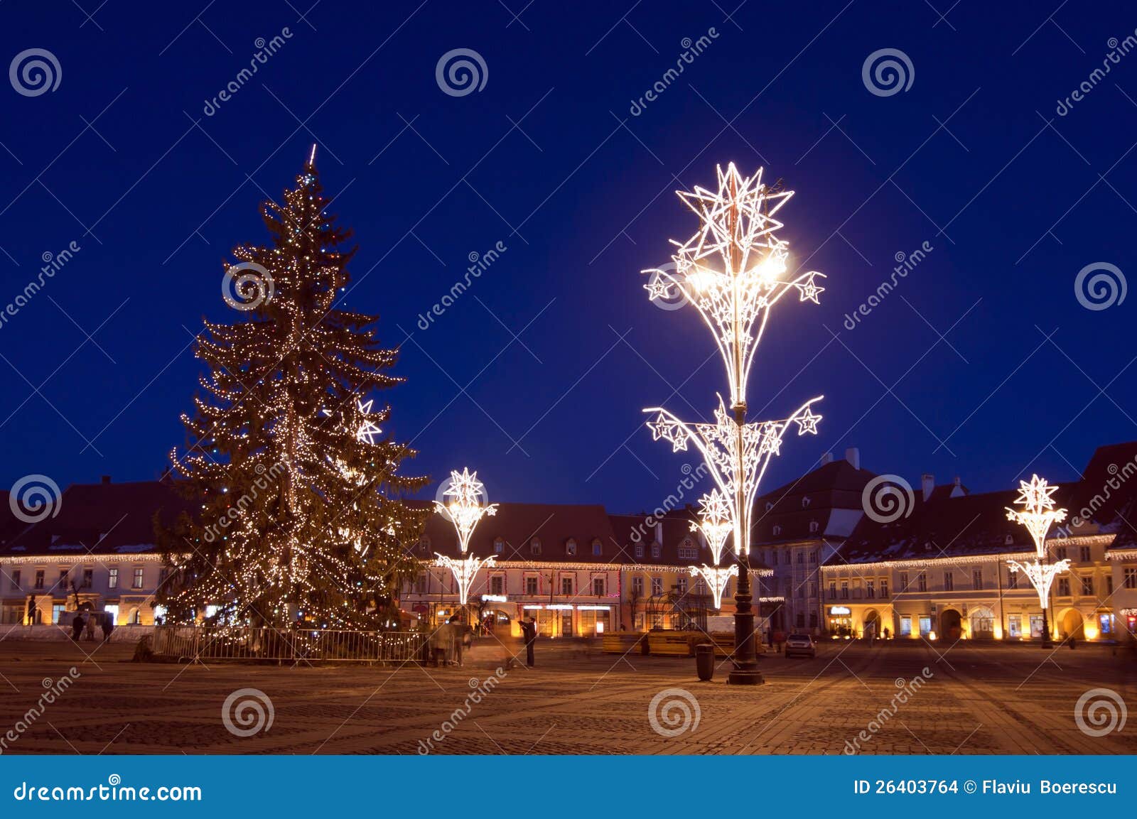 Christmas Tree and Lights in Town Square Stock Photo - Image of lights ...