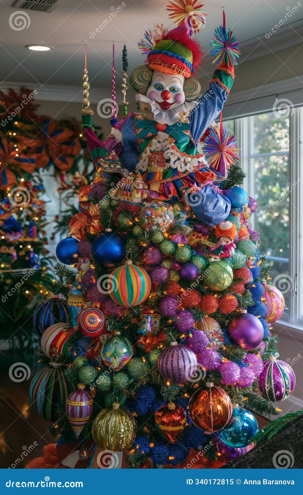Christmas Tree in the Living Room Decorated with Circus Theme Stock ...