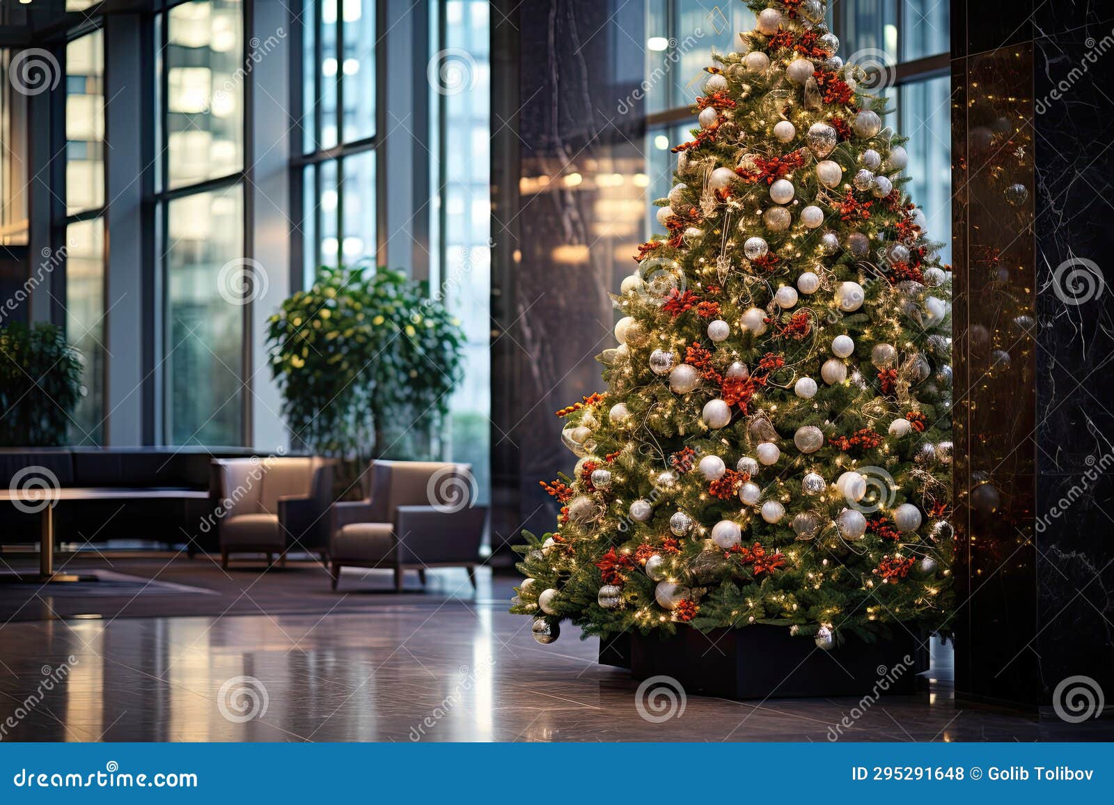 A Christmas Tree in the Lobby of a Building Stock Photo - Image of ...