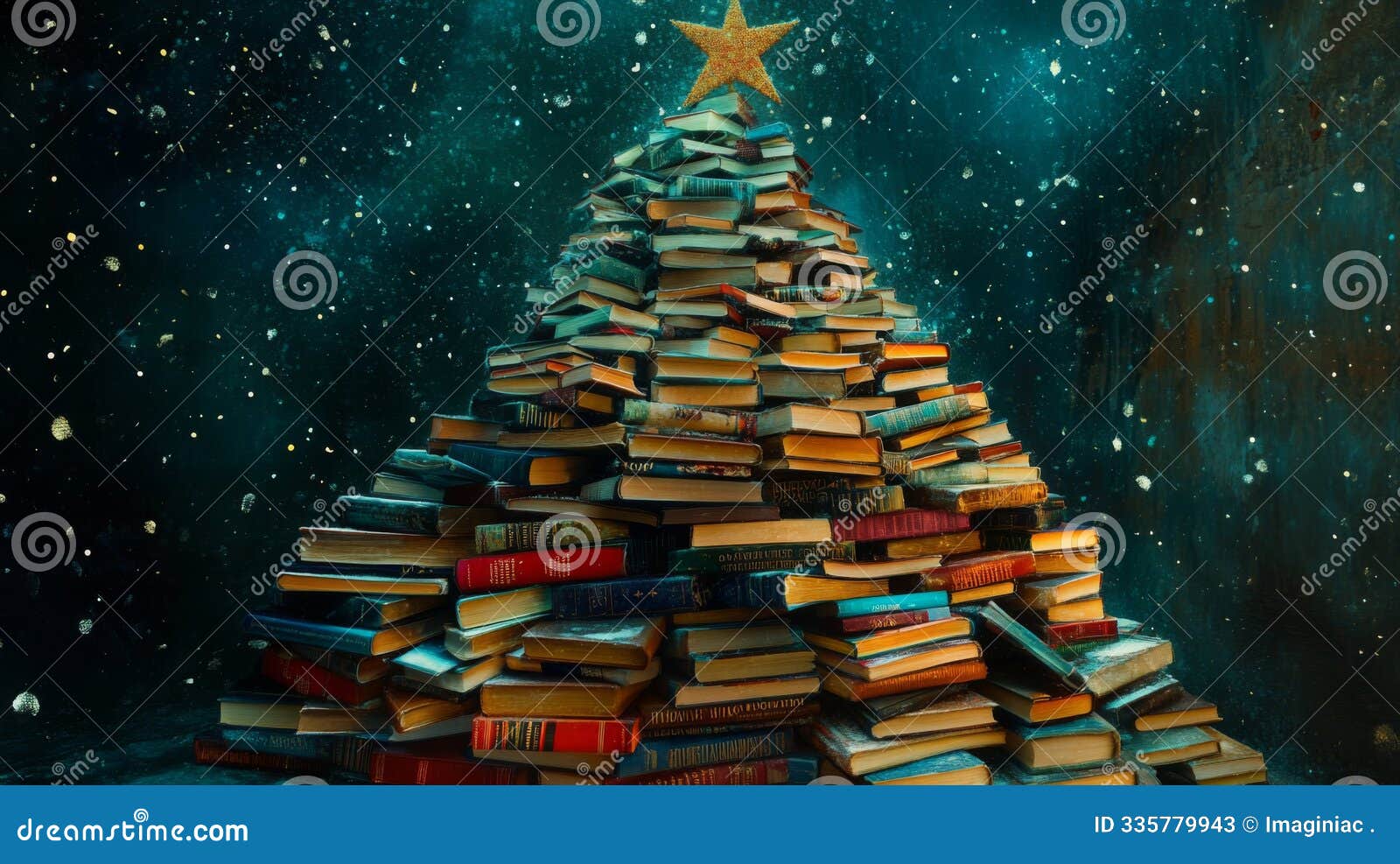A Christmas Tree Made of Books with a Golden Star on Top Stock ...