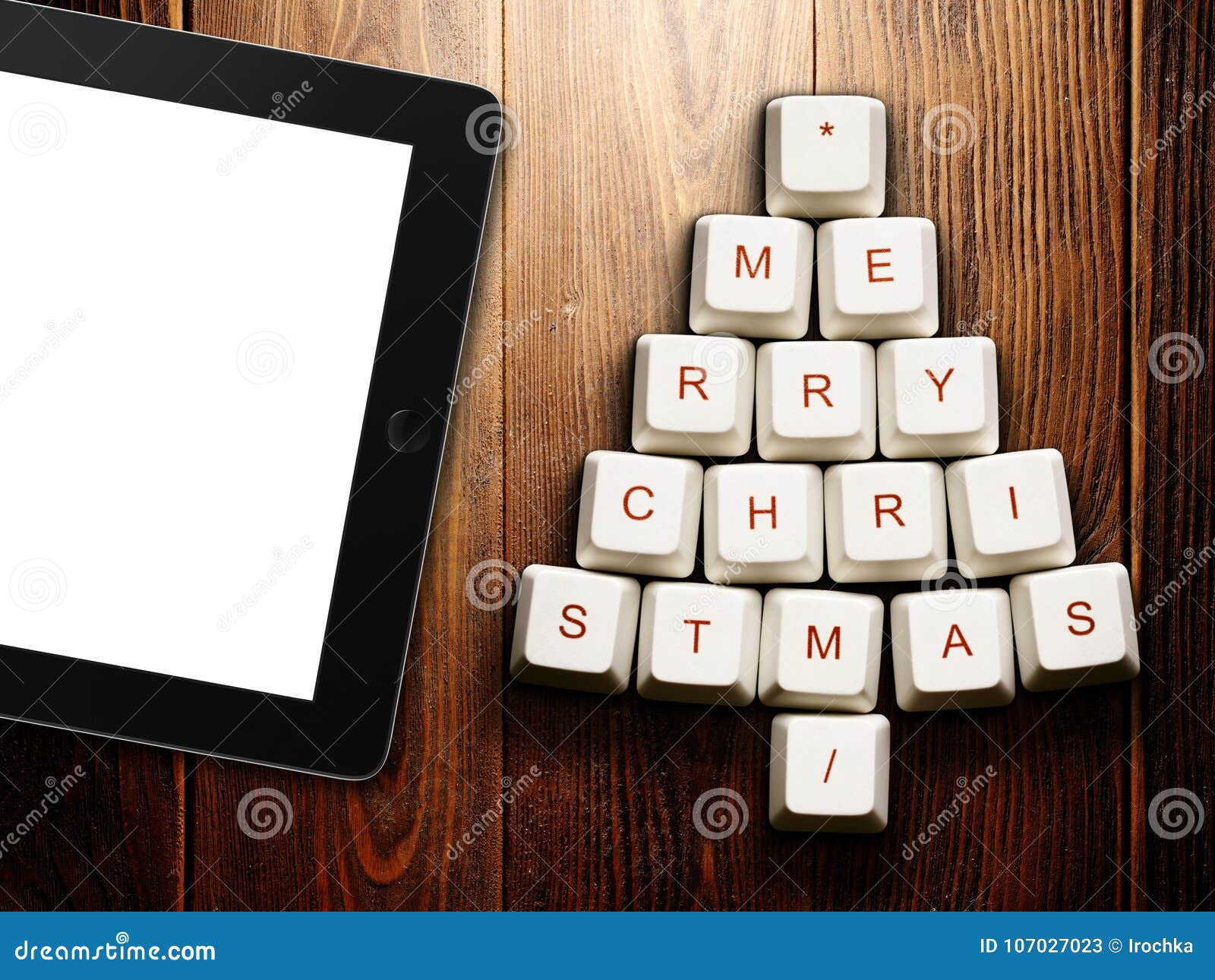 Christmas Tree Made of Computer Keys and Tablet Computer on Wooden ...