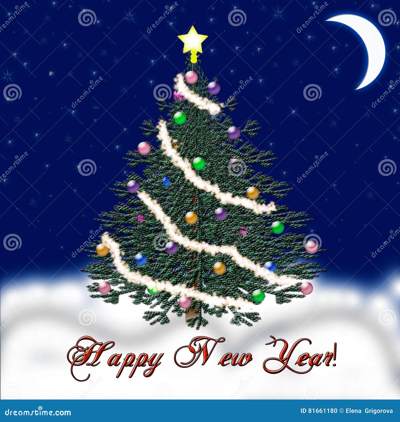 Christmas Tree for the New Year. Falling Snow. Congratulation Stock ...