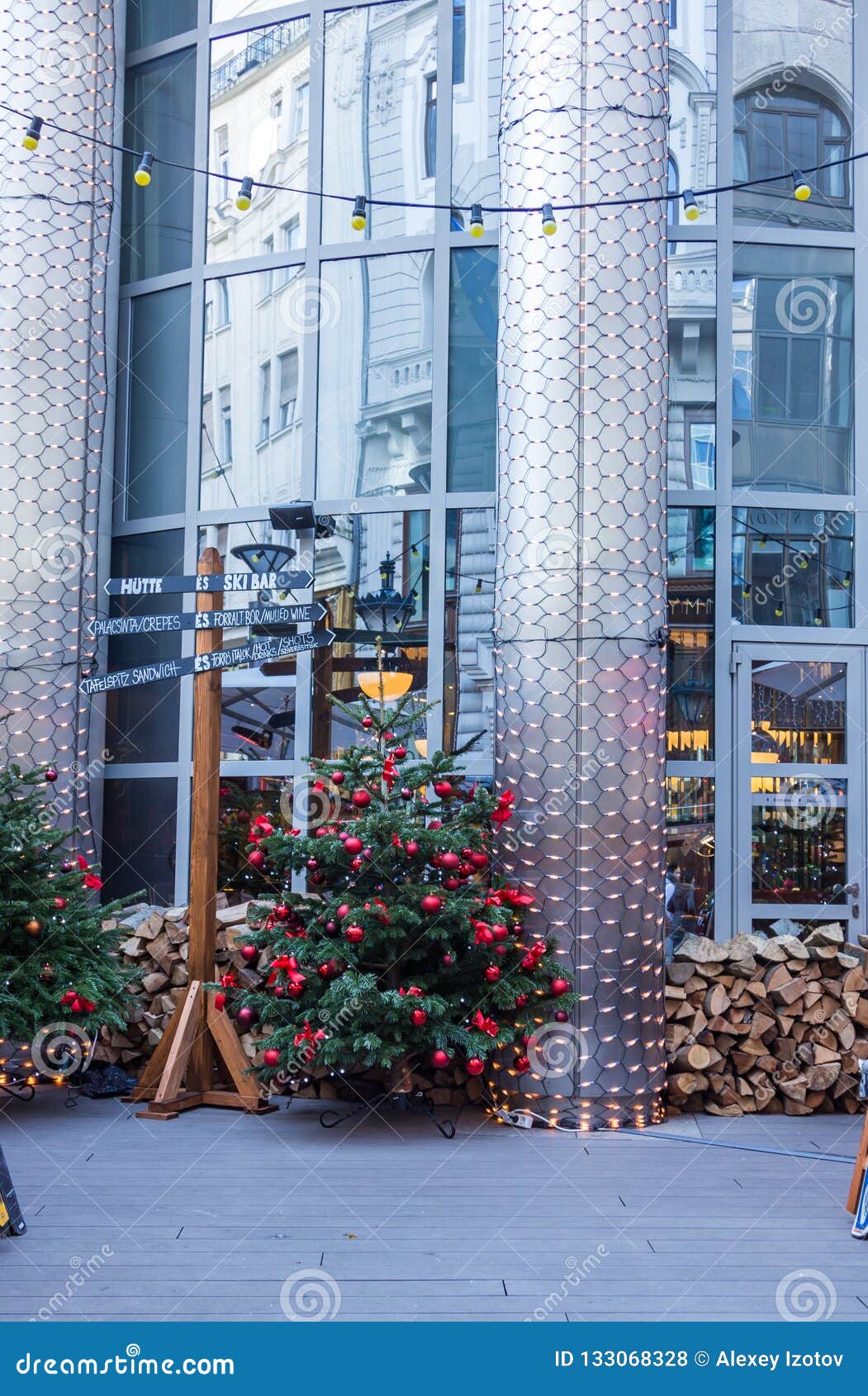 Christmas Tree Next To a Pillar with a Direction Indicator, Budapest ...