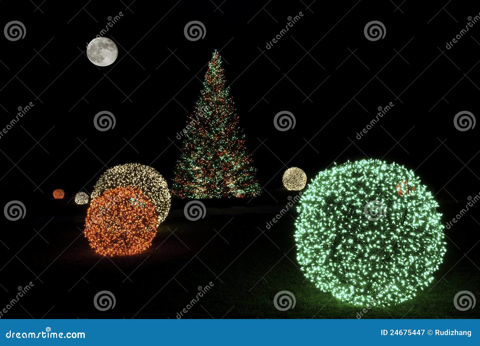 Christmas Tree at Night with Full Moon Stock Image - Image of christmas ...