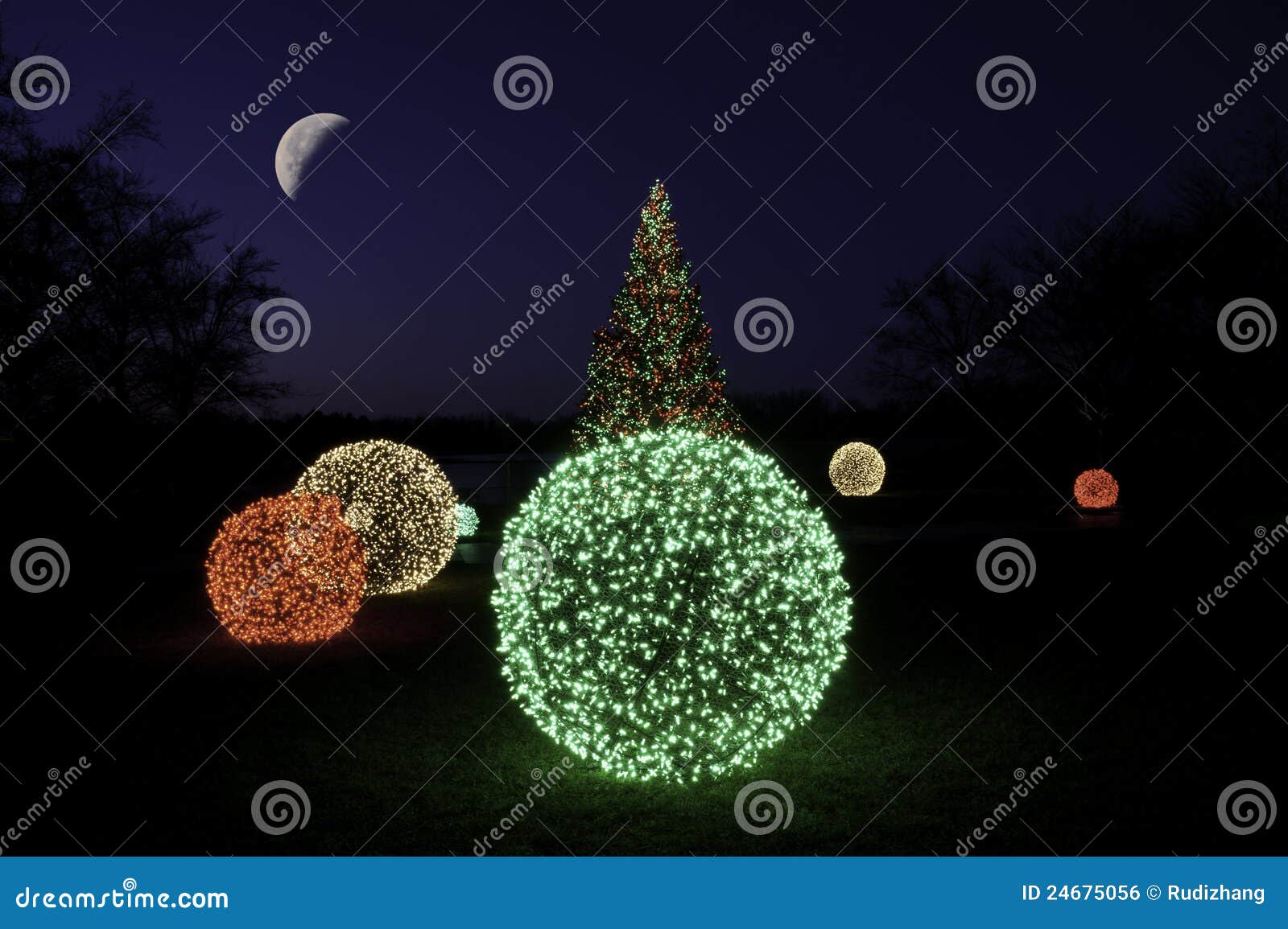 Christmas Tree at Night with the Moon Stock Photo - Image of moon ...