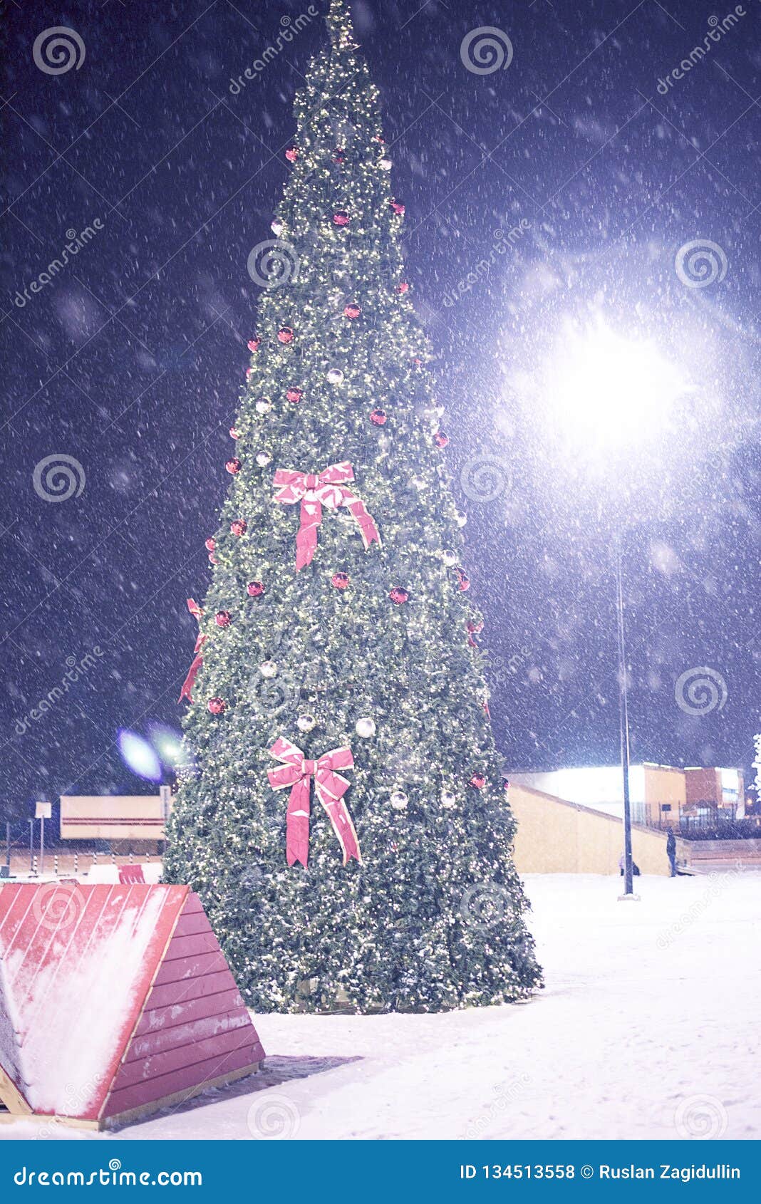 Christmas Tree at Night in Snowy Winter Stock Photo - Image of evening ...