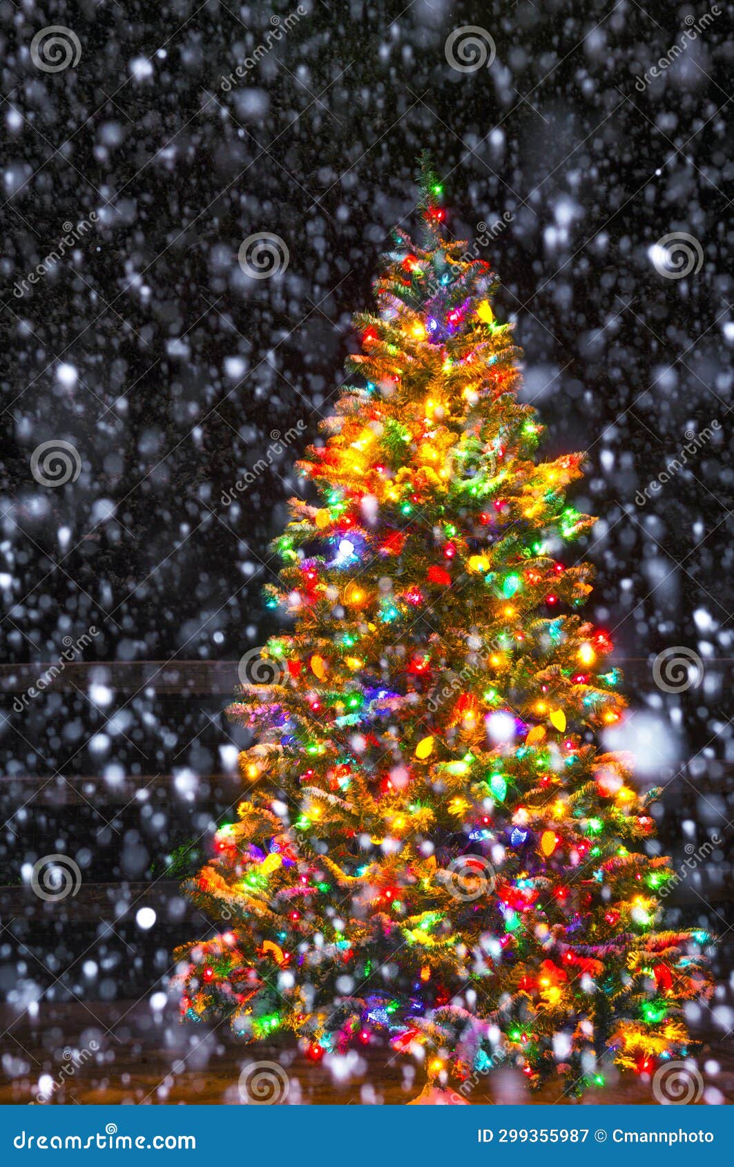 A Christmas Tree at Night while Snowing Stock Image - Image of snowing ...