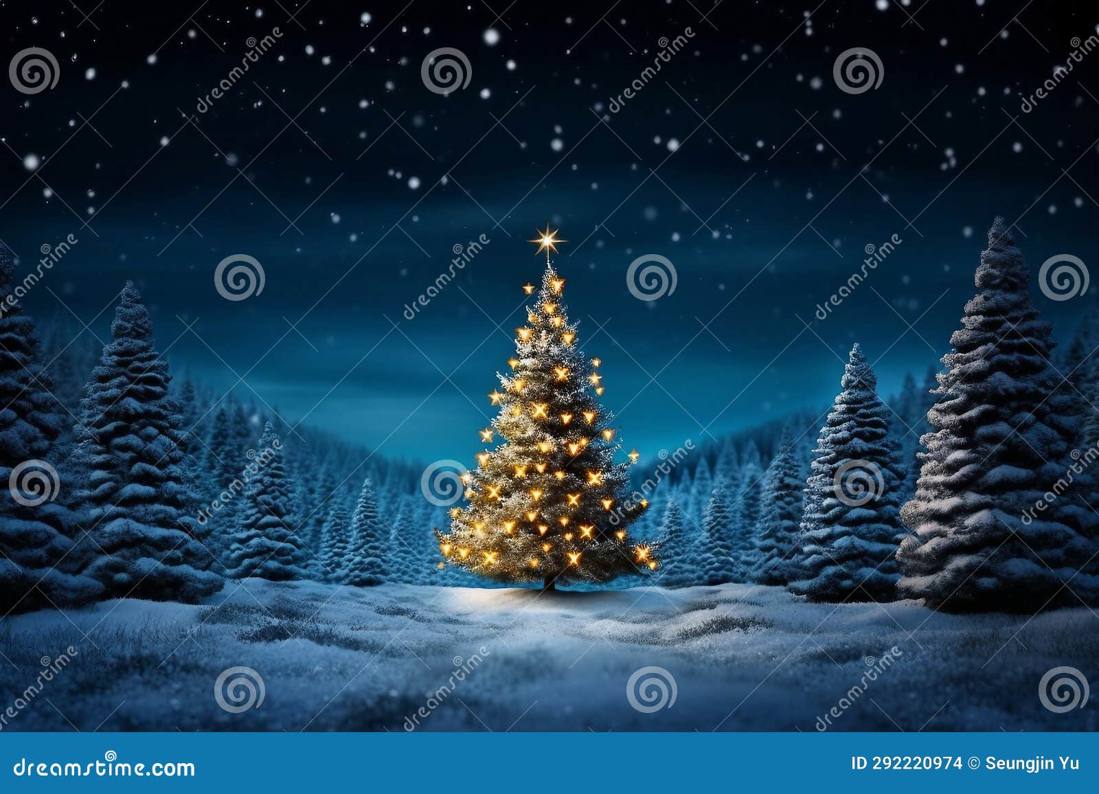 Christmas Tree at Night in Winter. Stock Photo - Image of night, window ...
