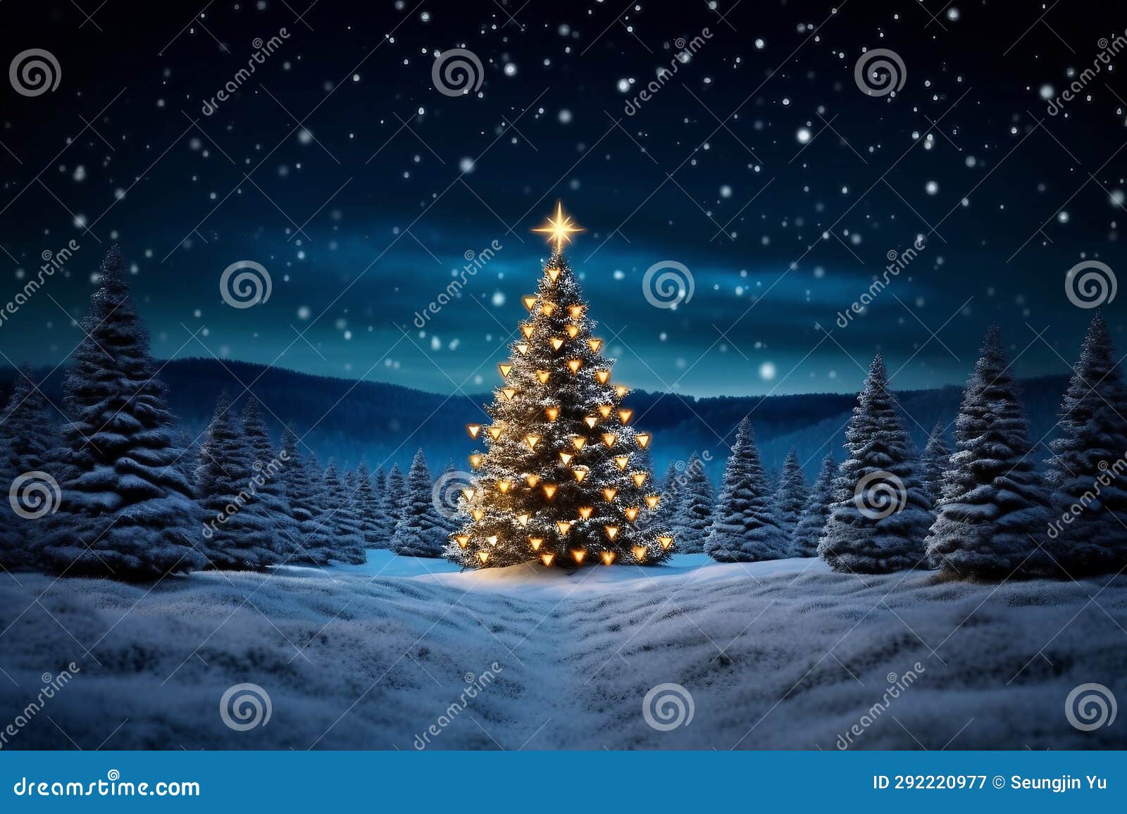 Christmas Tree at Night in Winter. Stock Image - Image of window, night ...
