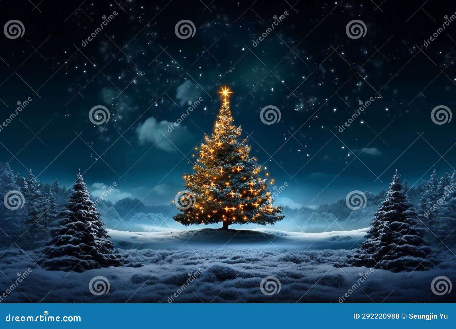 Christmas Tree at Night in Winter. Stock Photo - Image of golden ...
