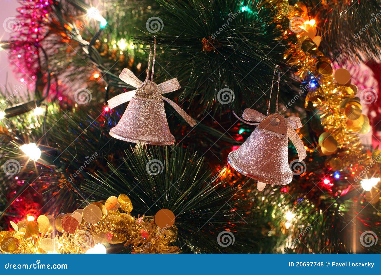 Christmas Tree Ornaments, Two Bells, Tinsel Stock Photo - Image of ...