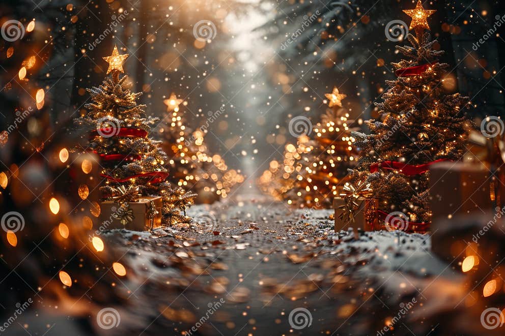 Christmas Tree Path with Many Trees and Gift Boxes. Festive and Joyful ...