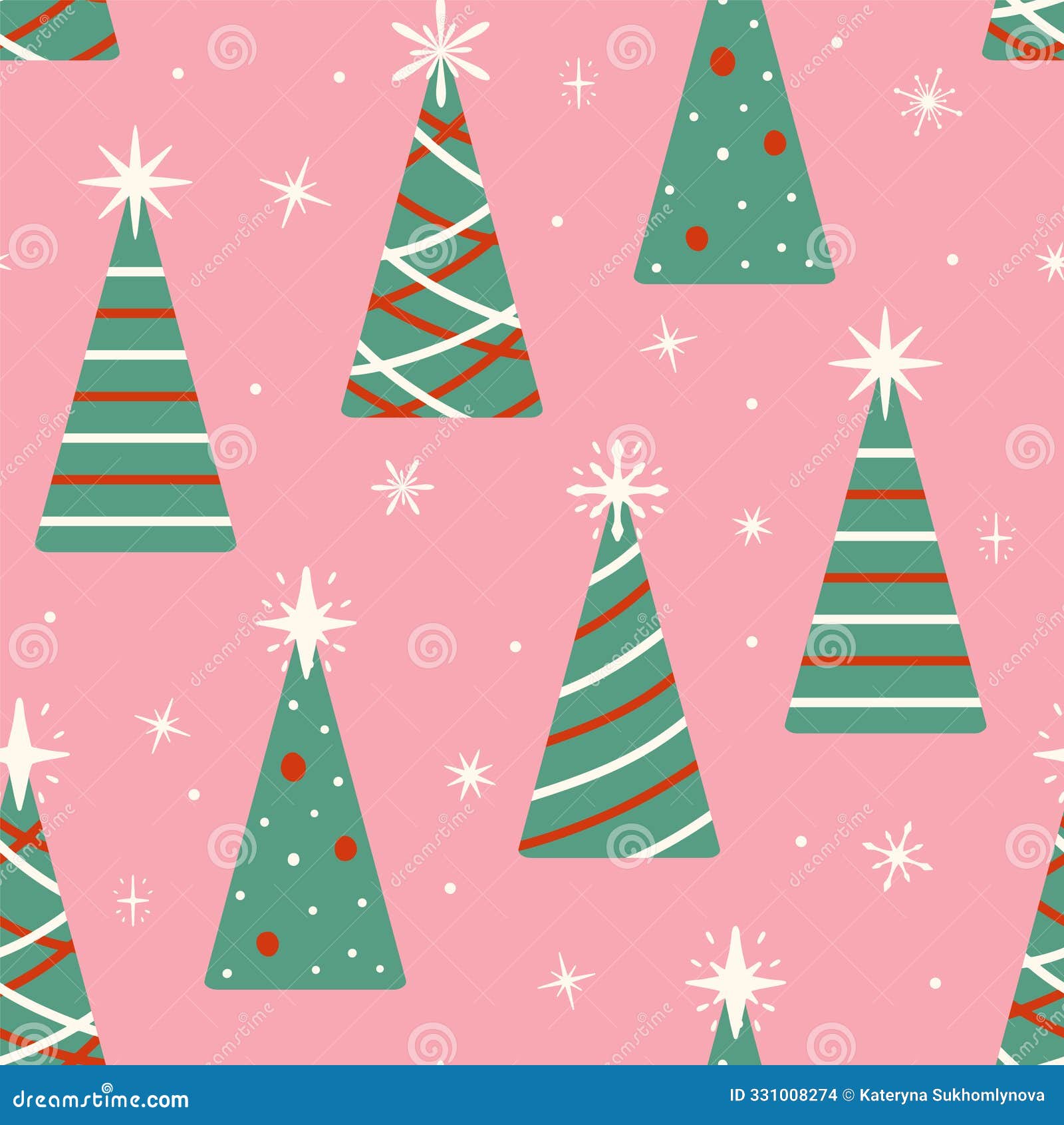 Christmas Tree Pattern Background. Cute Vector Festive Decorative Repeat Design for Wrapping ...