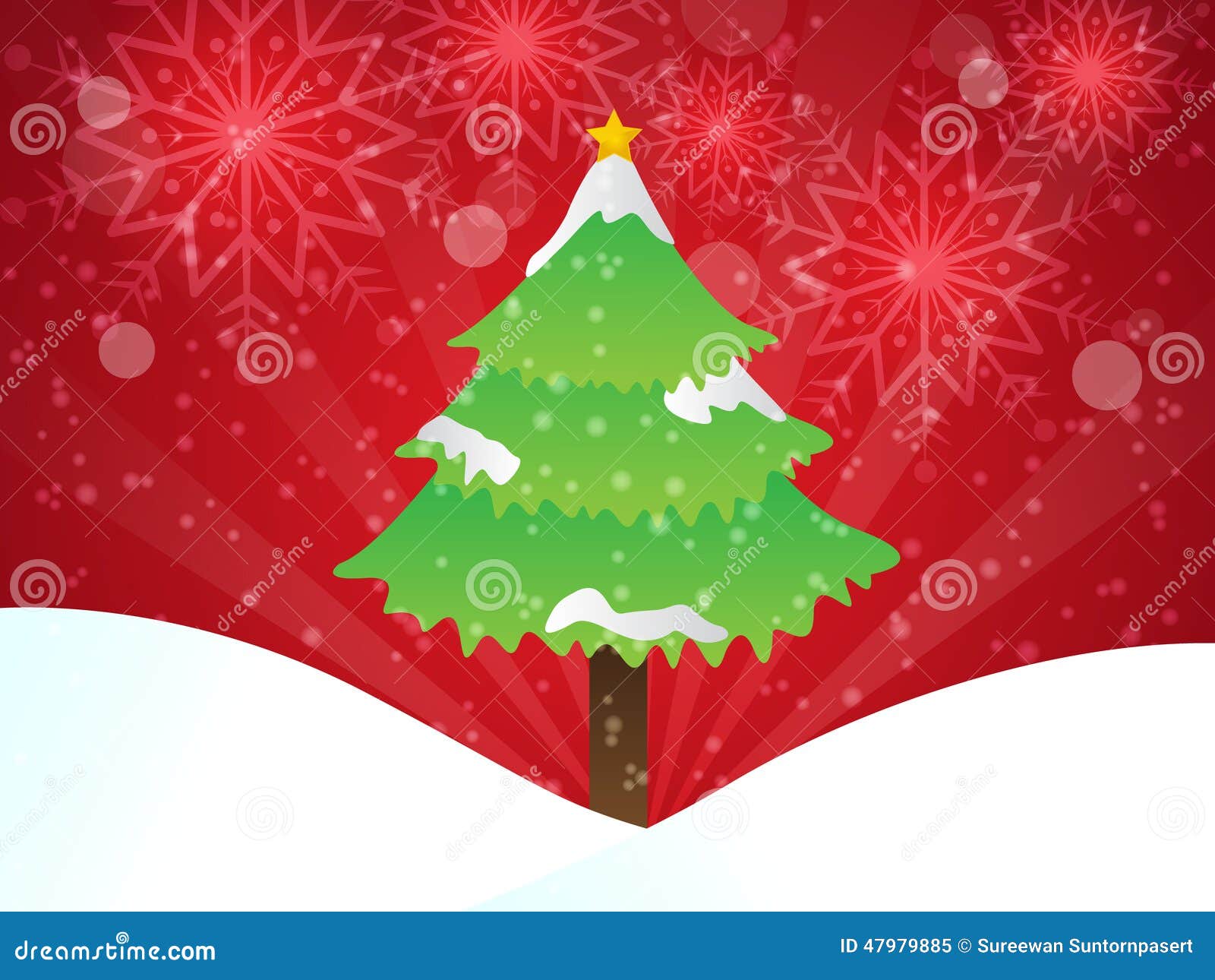 Christmas Tree on Red Background with Snowflakes Stock Vector ...