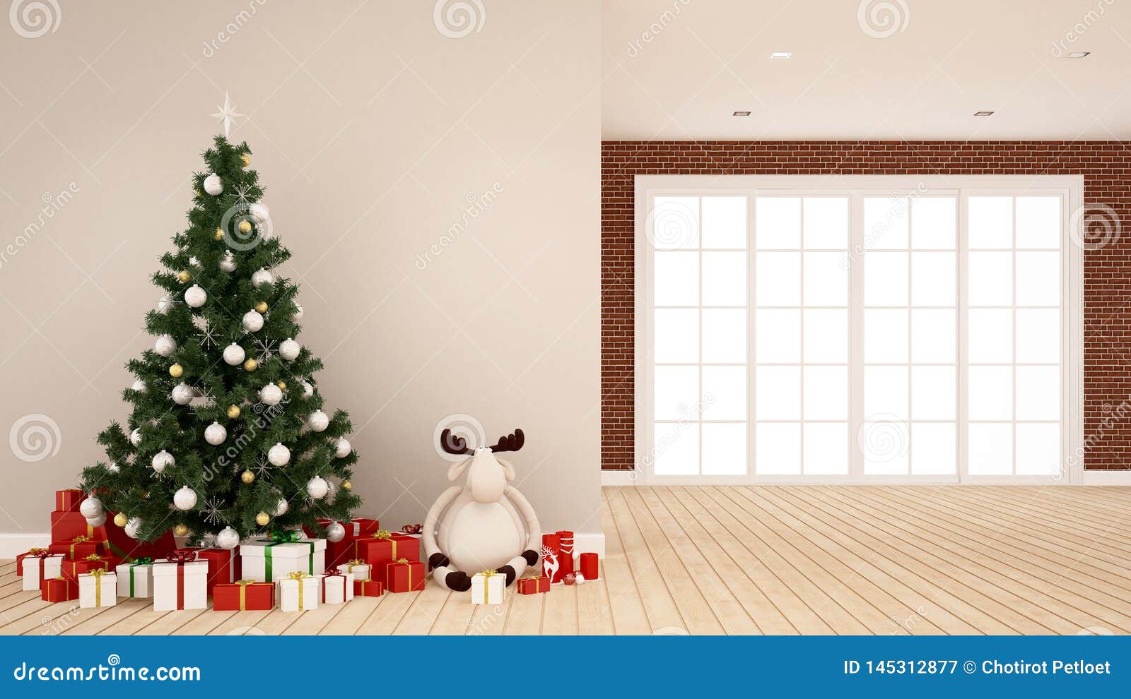 Christmas Tree with Reindeer Doll and Gift Box in Empty Room - Artwork ...