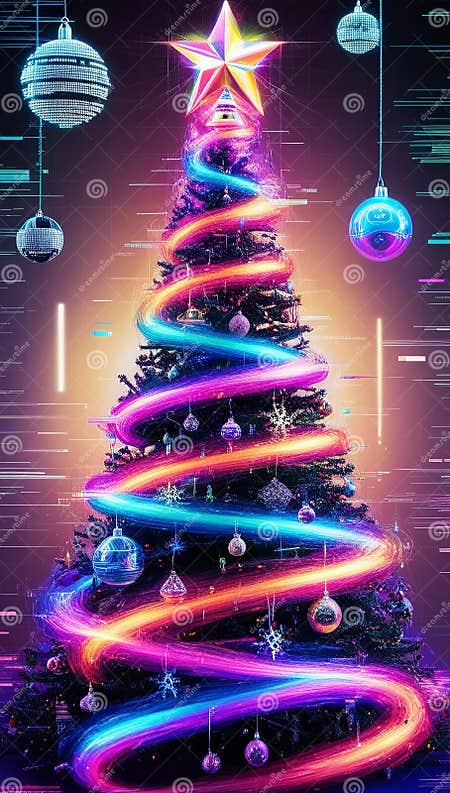 Modern Technicolor Christmas Tree with Glitch Details, Digital Holiday Scene Stock Image - Image ...