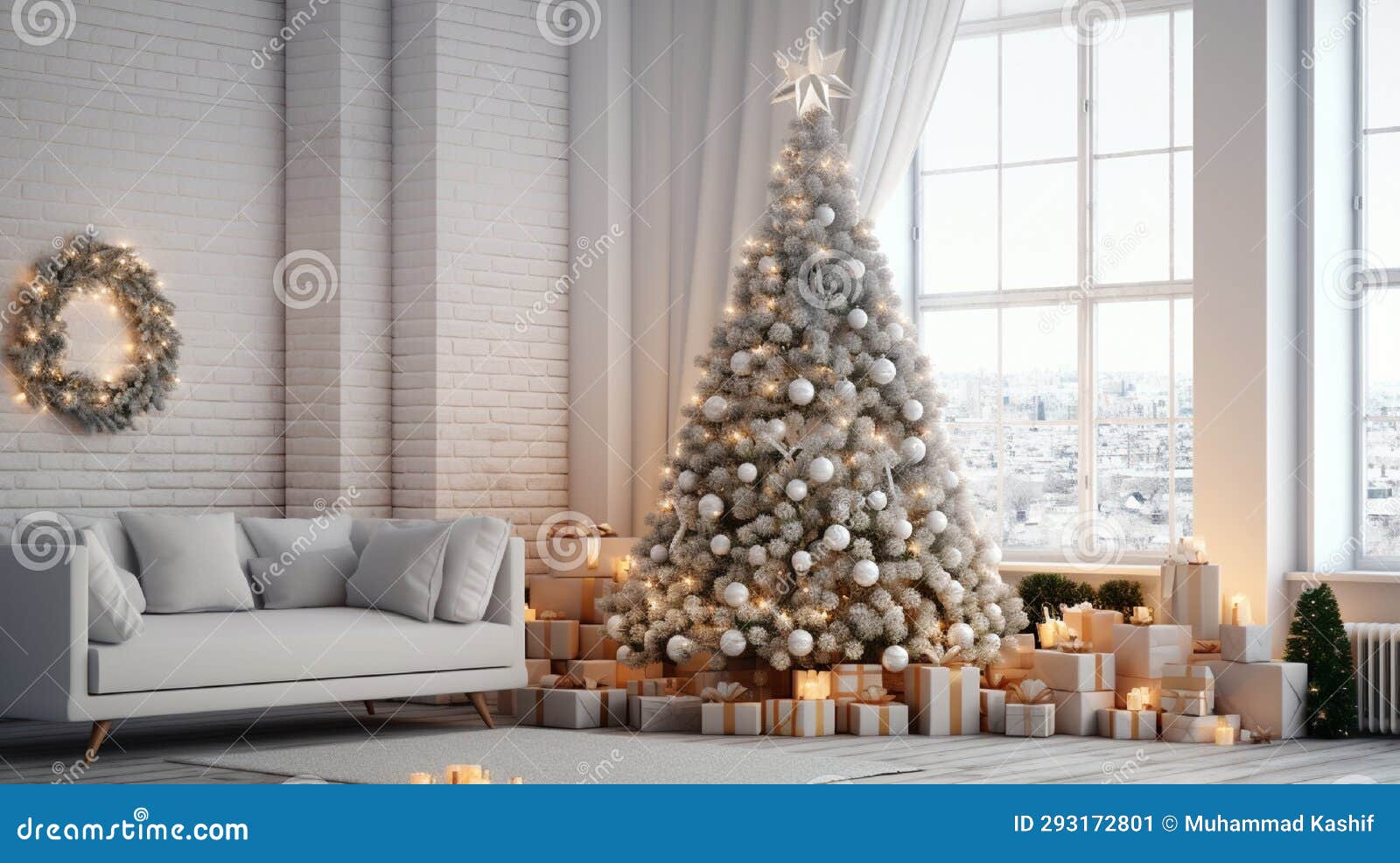 Christmas tree in the room stock image. Image of decorated - 293172801