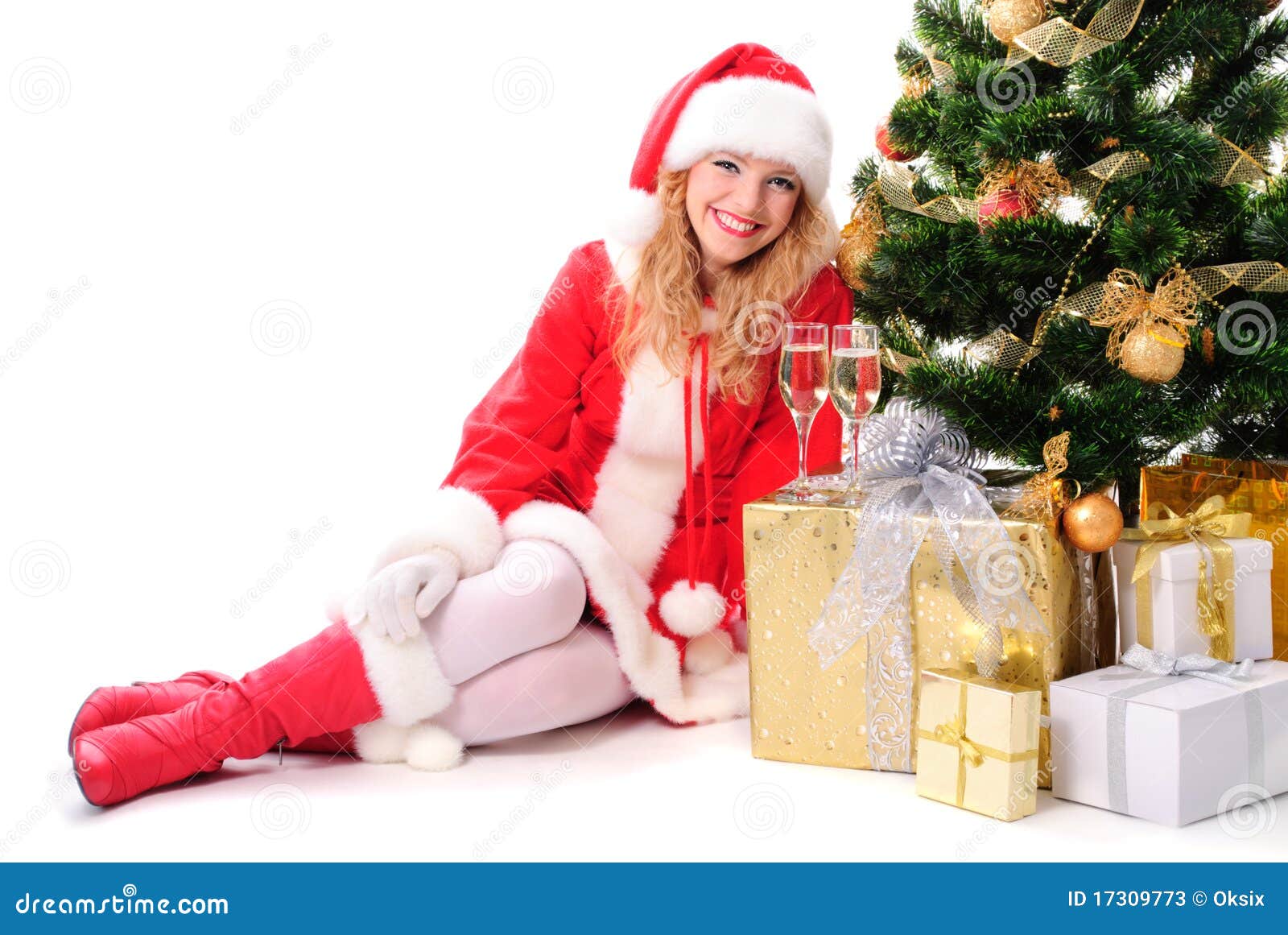 Christmas Tree and Santa Girl Stock Image - Image of face, observance ...