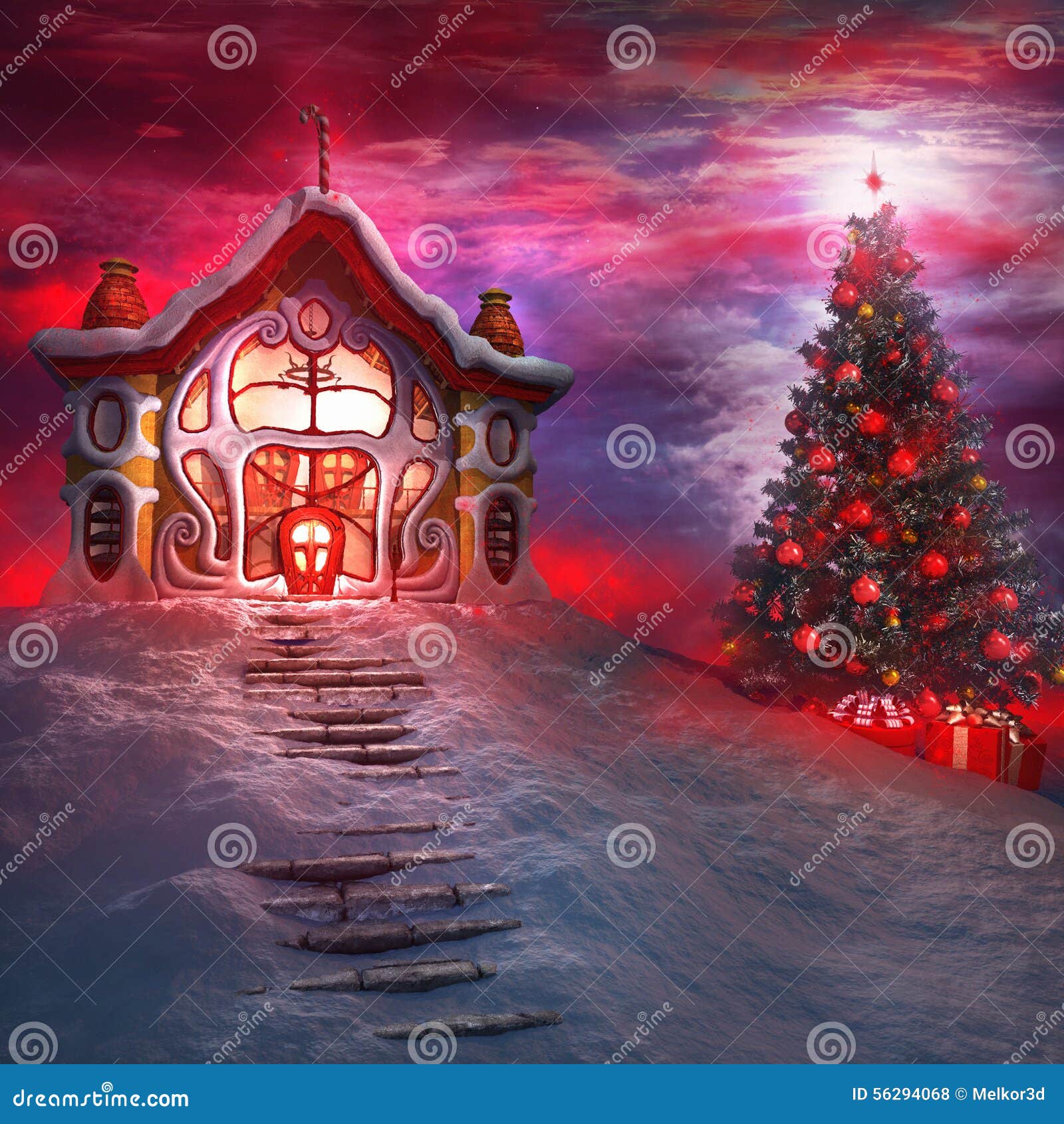 Christmas Tree and Santa S House Stock Illustration - Illustration of ...
