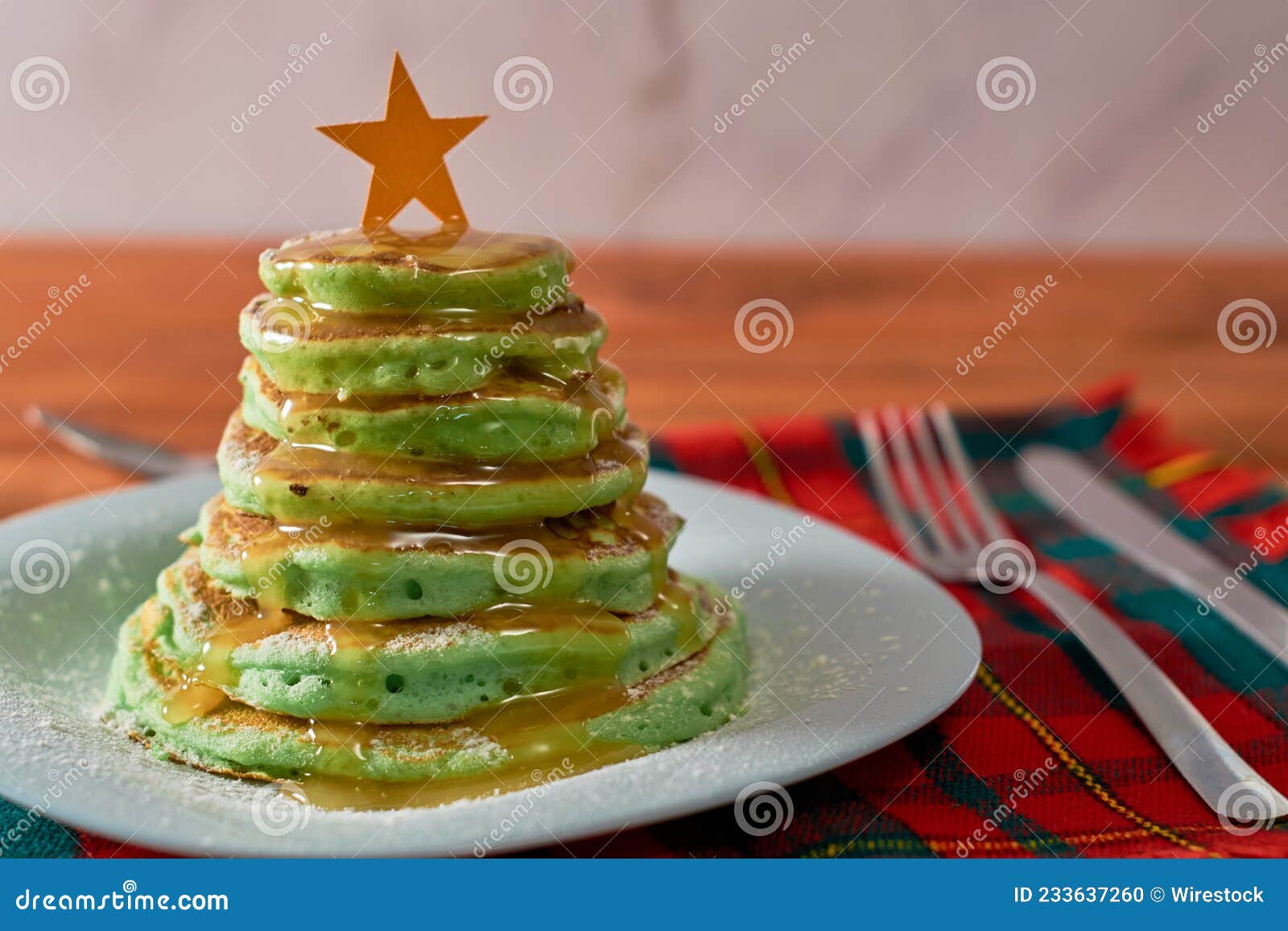 Christmas Tree Shaped Pancakes on the Table. Christmas Breakfast ...