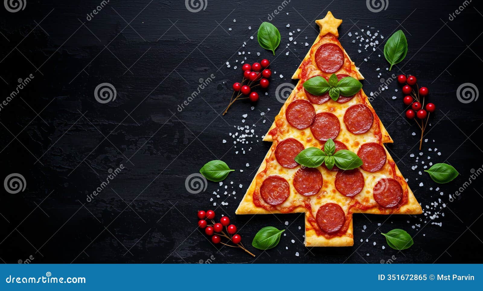 Christmas Tree Shaped Pizza Decorated with Basil on Dark Background ...