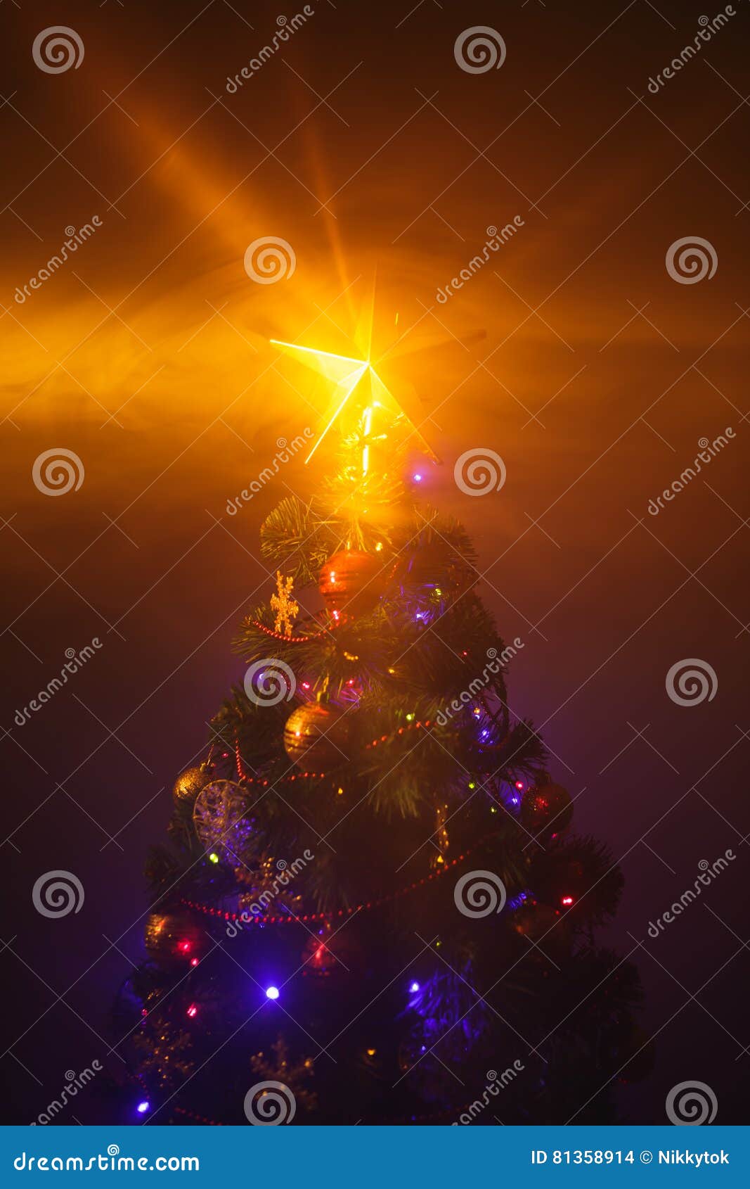 Christmas Tree with Shining Star and Dense Smoke Stock Photo - Image of ...