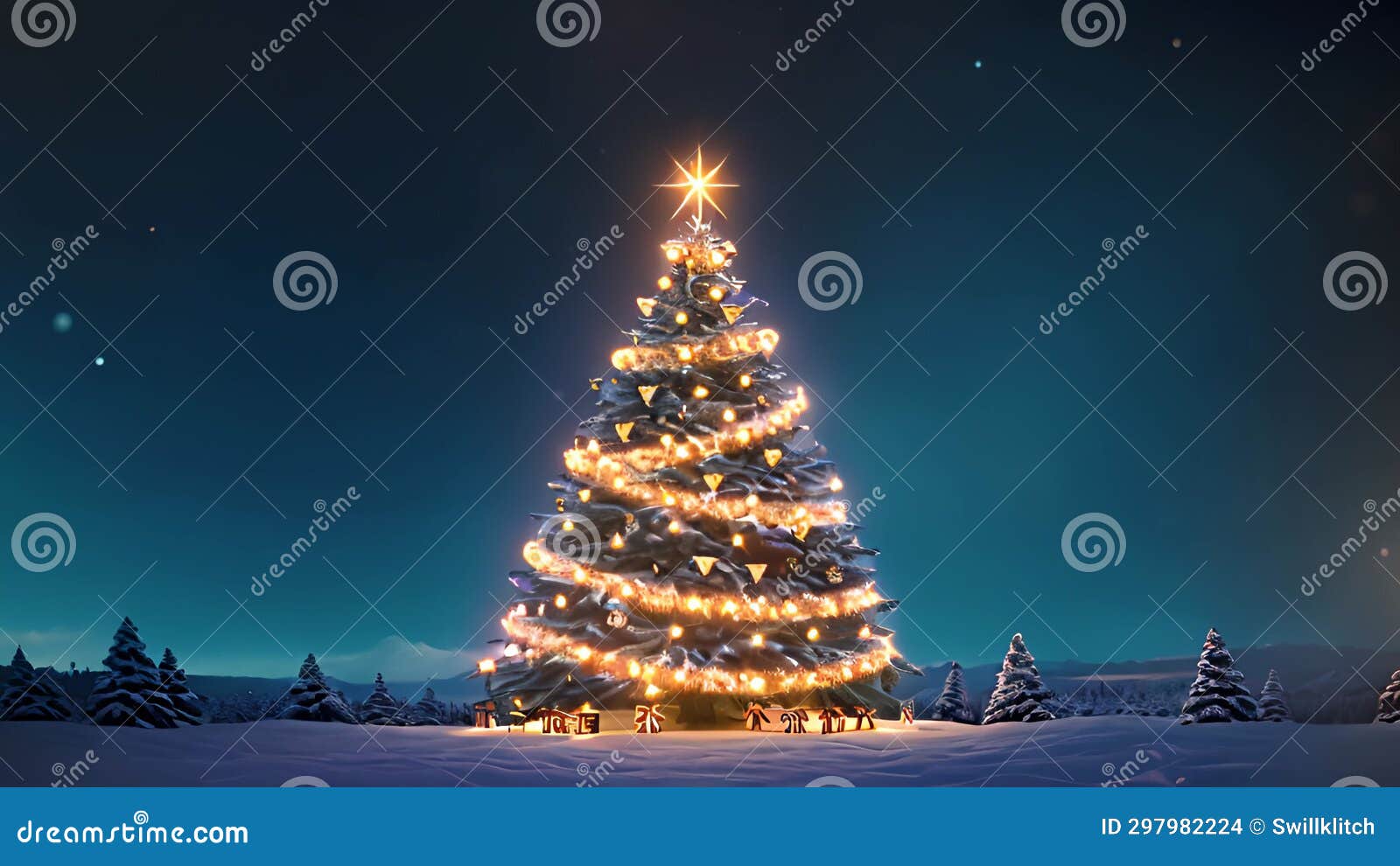 Christmas Tree Shining with Stars, Garlands and Baubles in the Evening ... Christmas Tree Shining with Stars, Garlands and Baubles in the Evening ...
