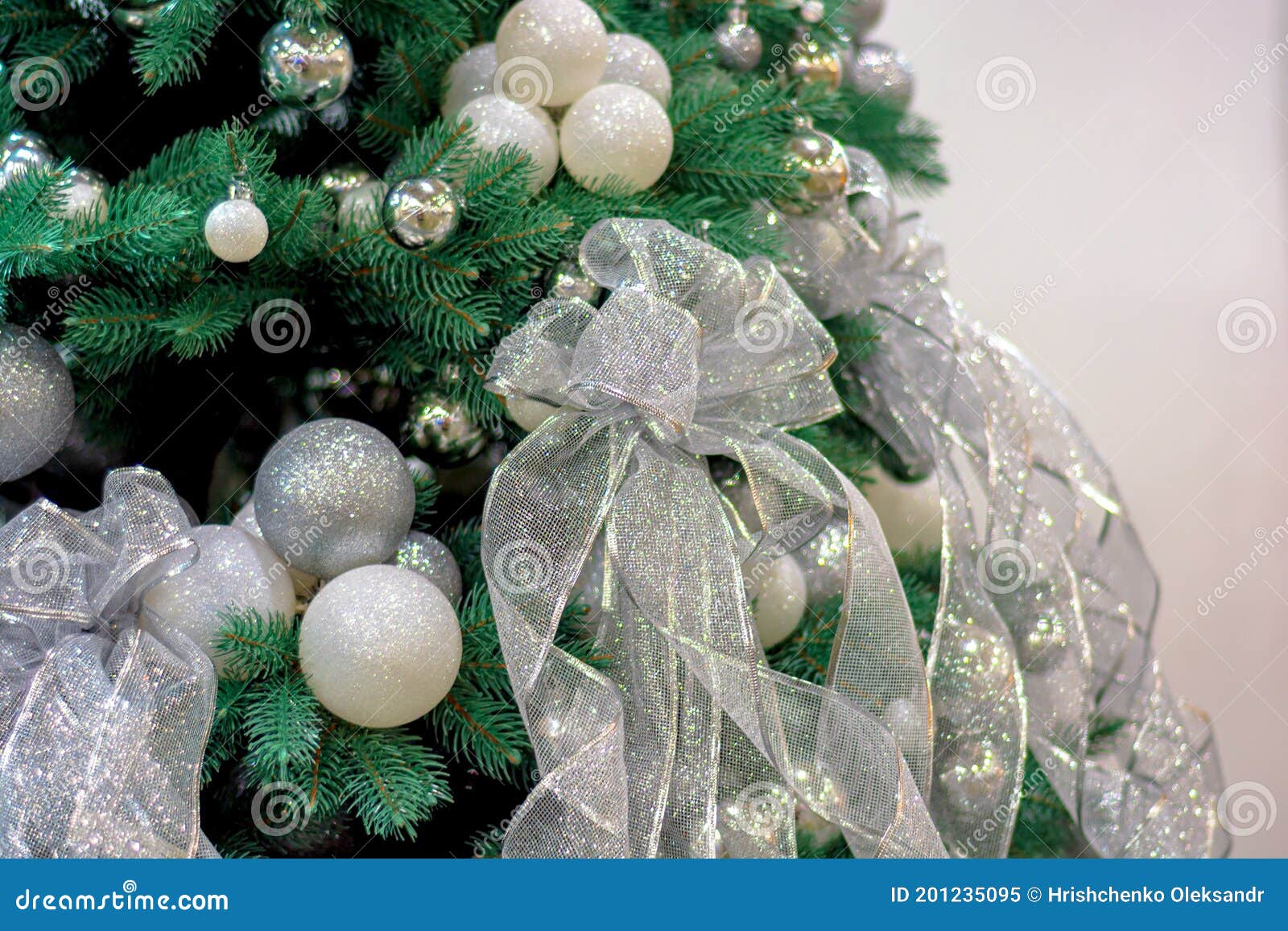 Christmas Tree with Silver Balls and Shiny Ribbon Stock Image - Image ...