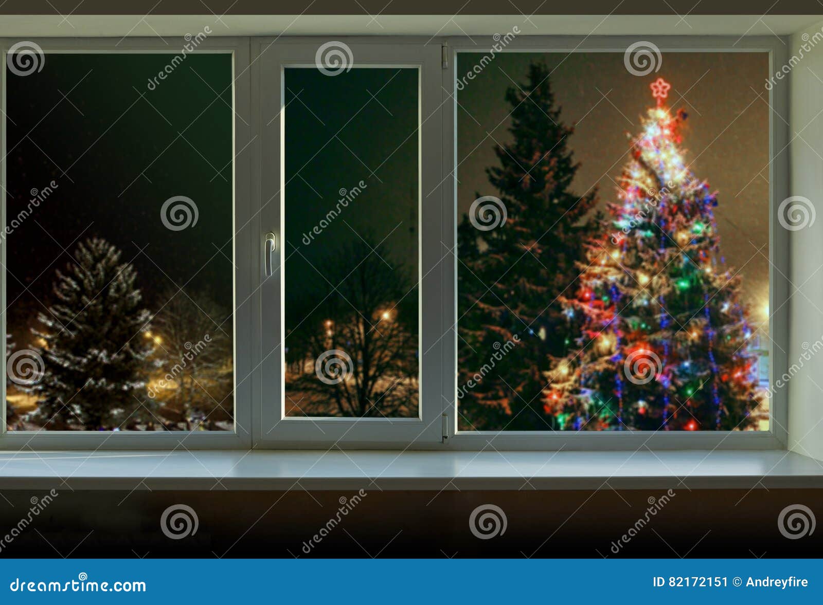 Christmas Tree and Snow-covered Christmas Trees Outside the Window ...
