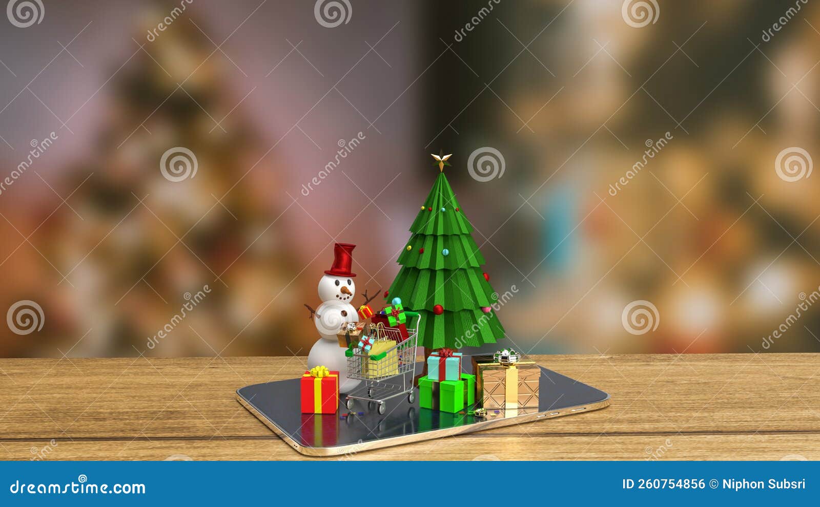 The Christmas Tree and Snow Man on Tablet for Advertising Concept 3d ...