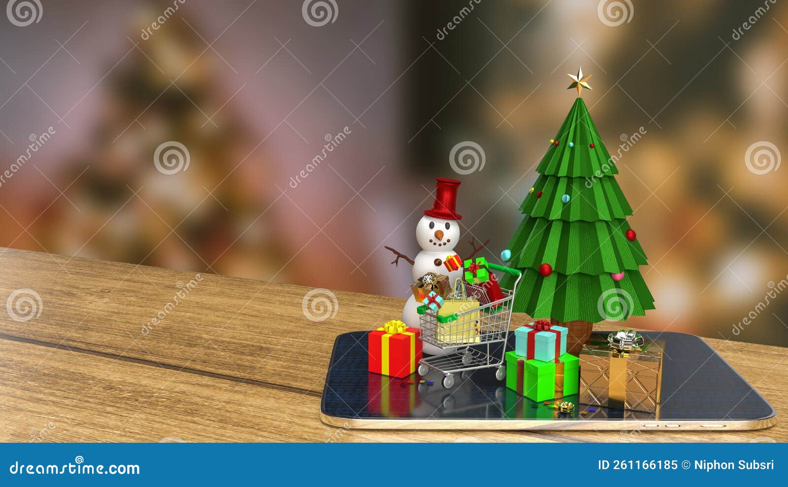 The Christmas Tree and Snow Man on Tablet for Advertising Concept 3d ...
