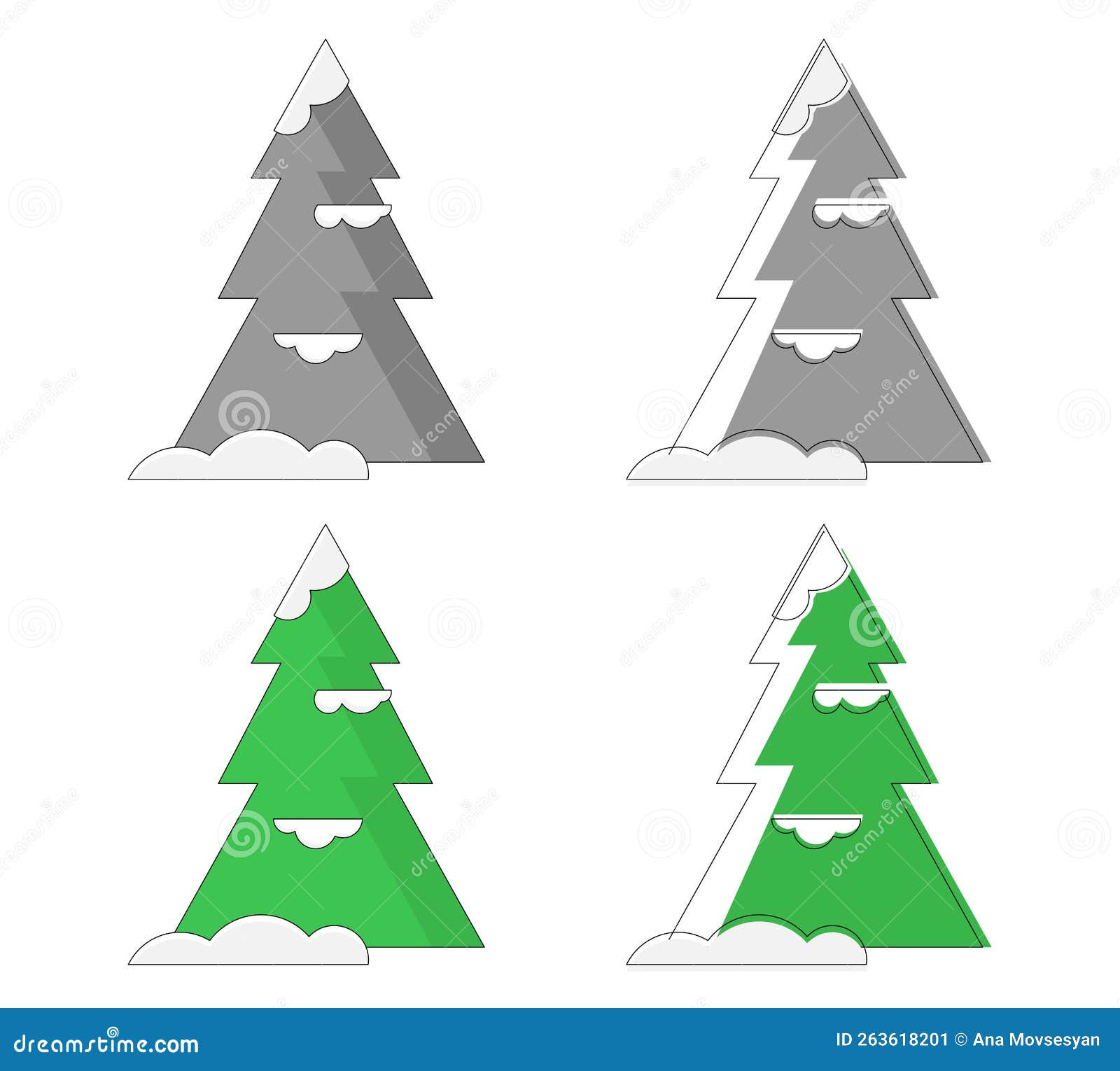 Christmas Tree with Snow. Two Different Styles, Black and White Version ...