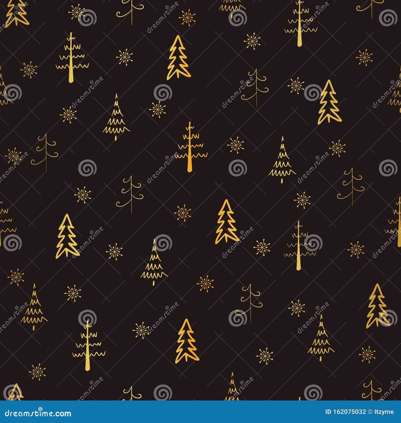 Christmas Tree and Snowflake Vector Seamless, Repeat Pattern. Gold ...